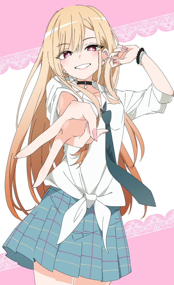 Safebooru - 1girl black choker blonde hair blue skirt bracelet choker clothes around waist ...