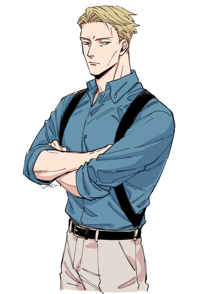 Safebooru - 1boy belt black belt blonde hair blue shirt collared shirt crossed arms grey pants ...