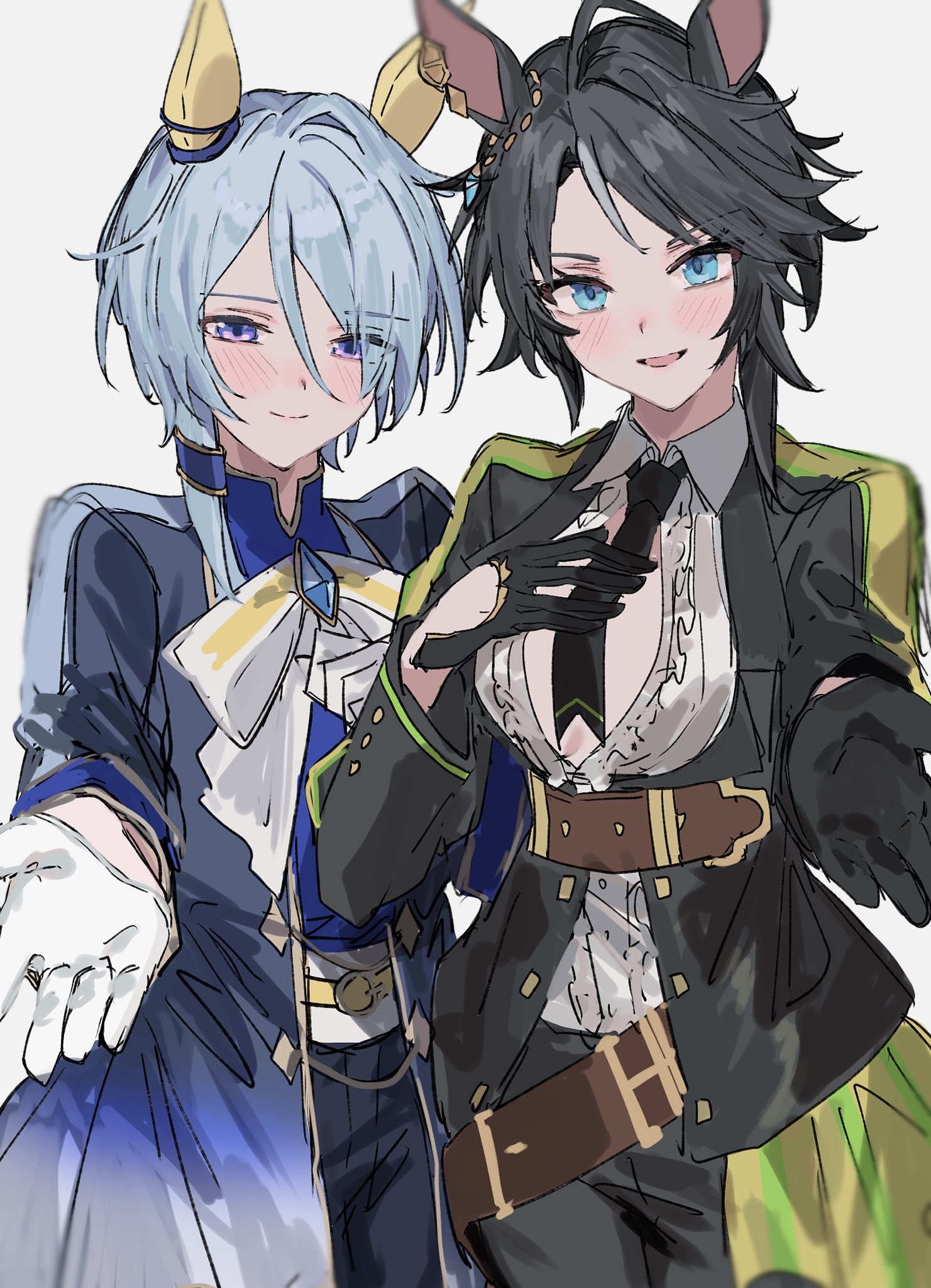 Safebooru - 2girls animal ears belt black gloves black hair black jacket blue eyes blue hair ...