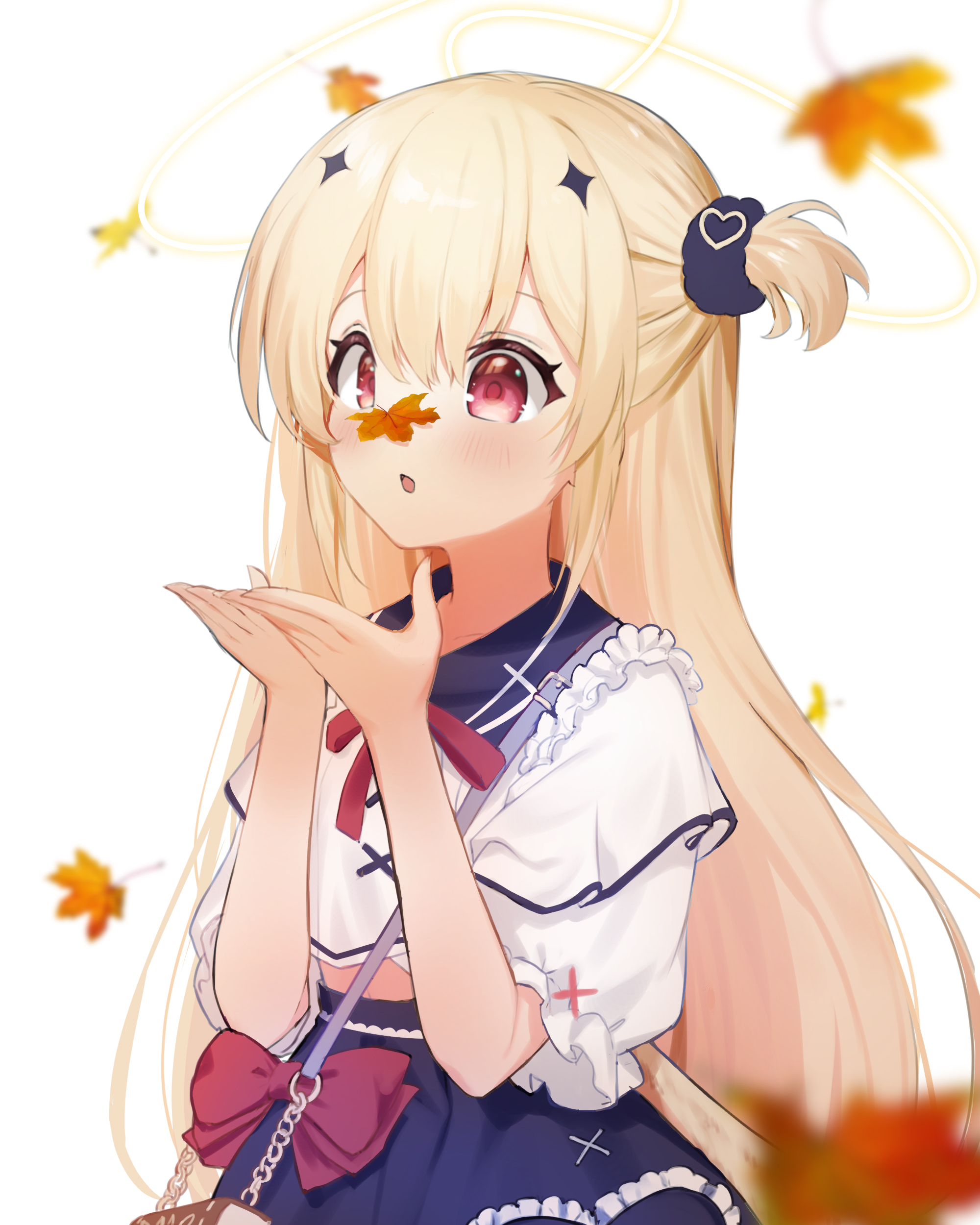 Safebooru - 1girl absurdres autumn leaves bag bangs blonde hair blue sailor collar blue skirt ...