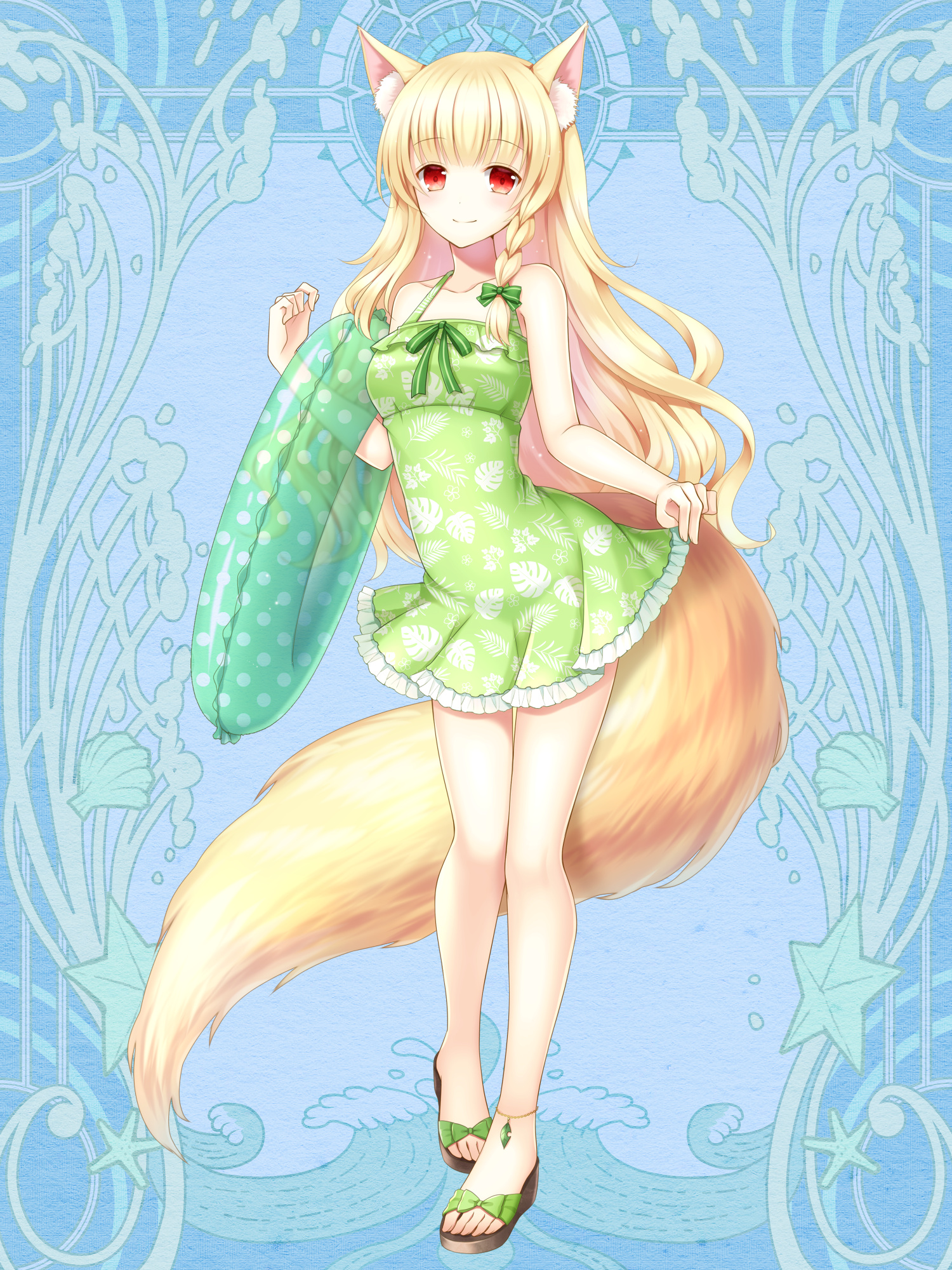 Safebooru - 1girl animal ear fluff animal ears blonde hair blue background bow braid dairoku ...