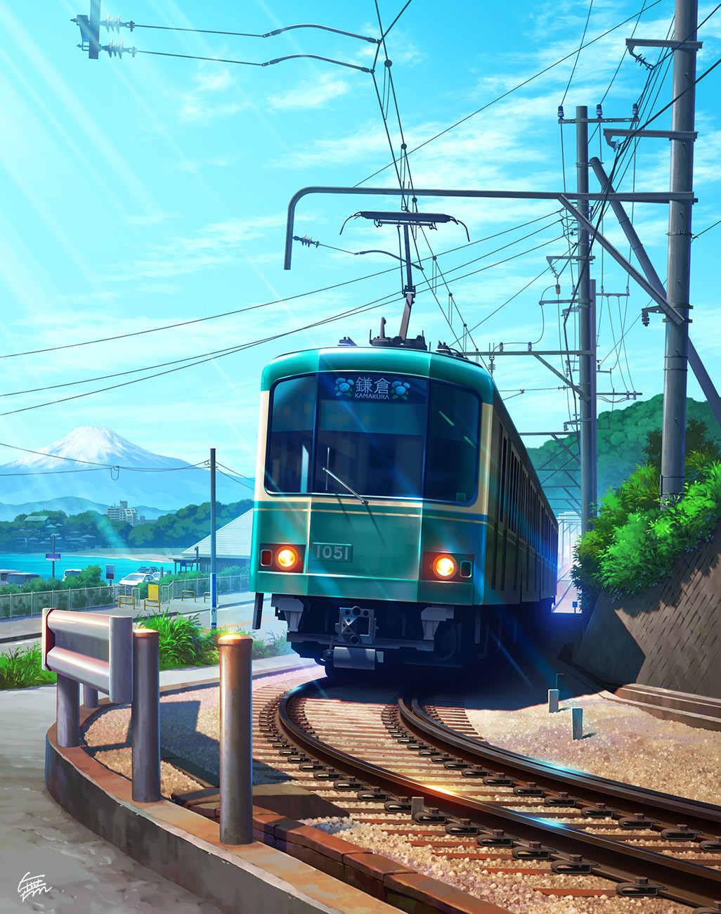 Safebooru - blue sky bollard car clouds commentary request day enoshima electric railway grass ...