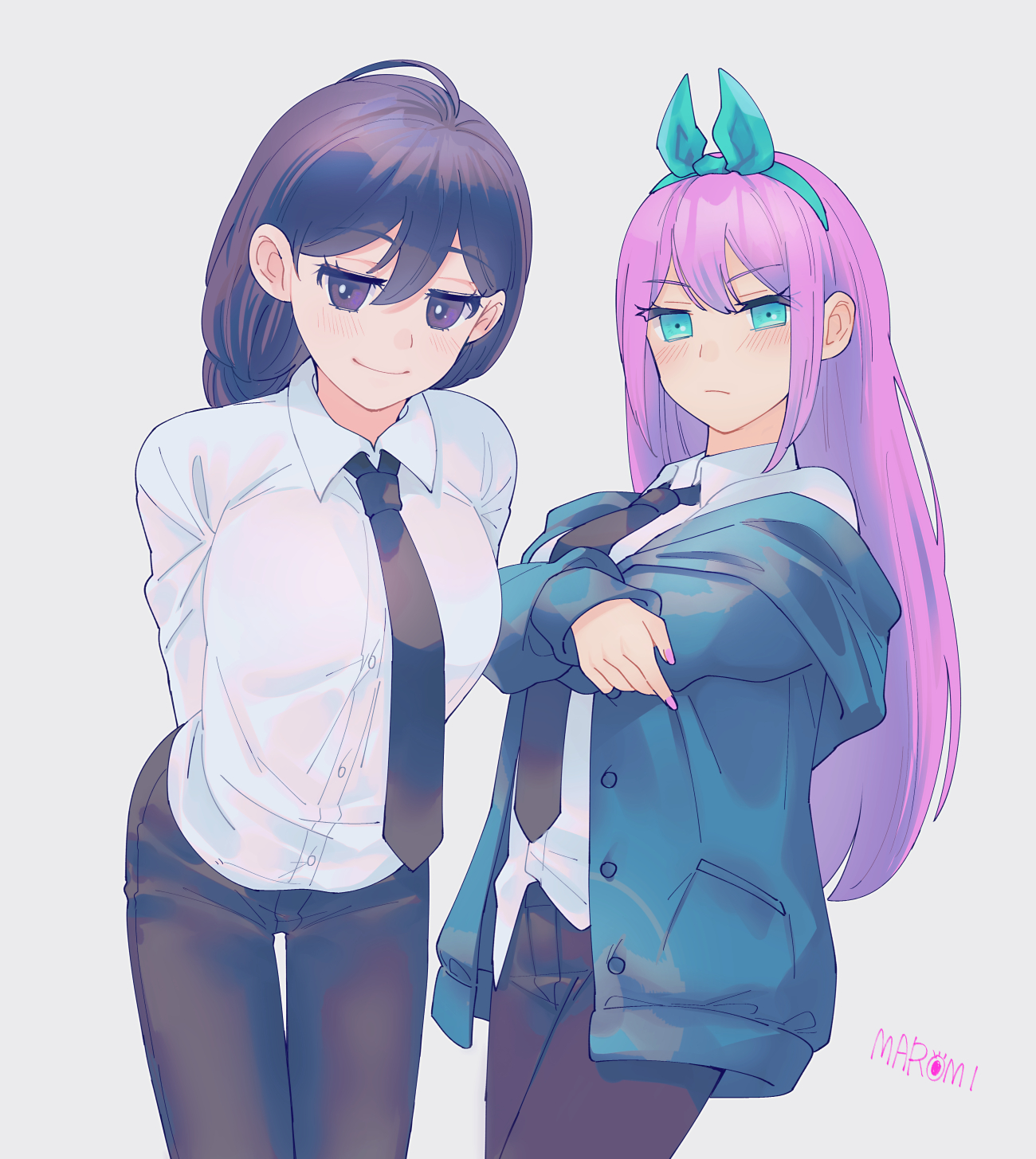 Safebooru - 2girls artist name aubrey (omori) black eyes black hair black necktie black pants ...