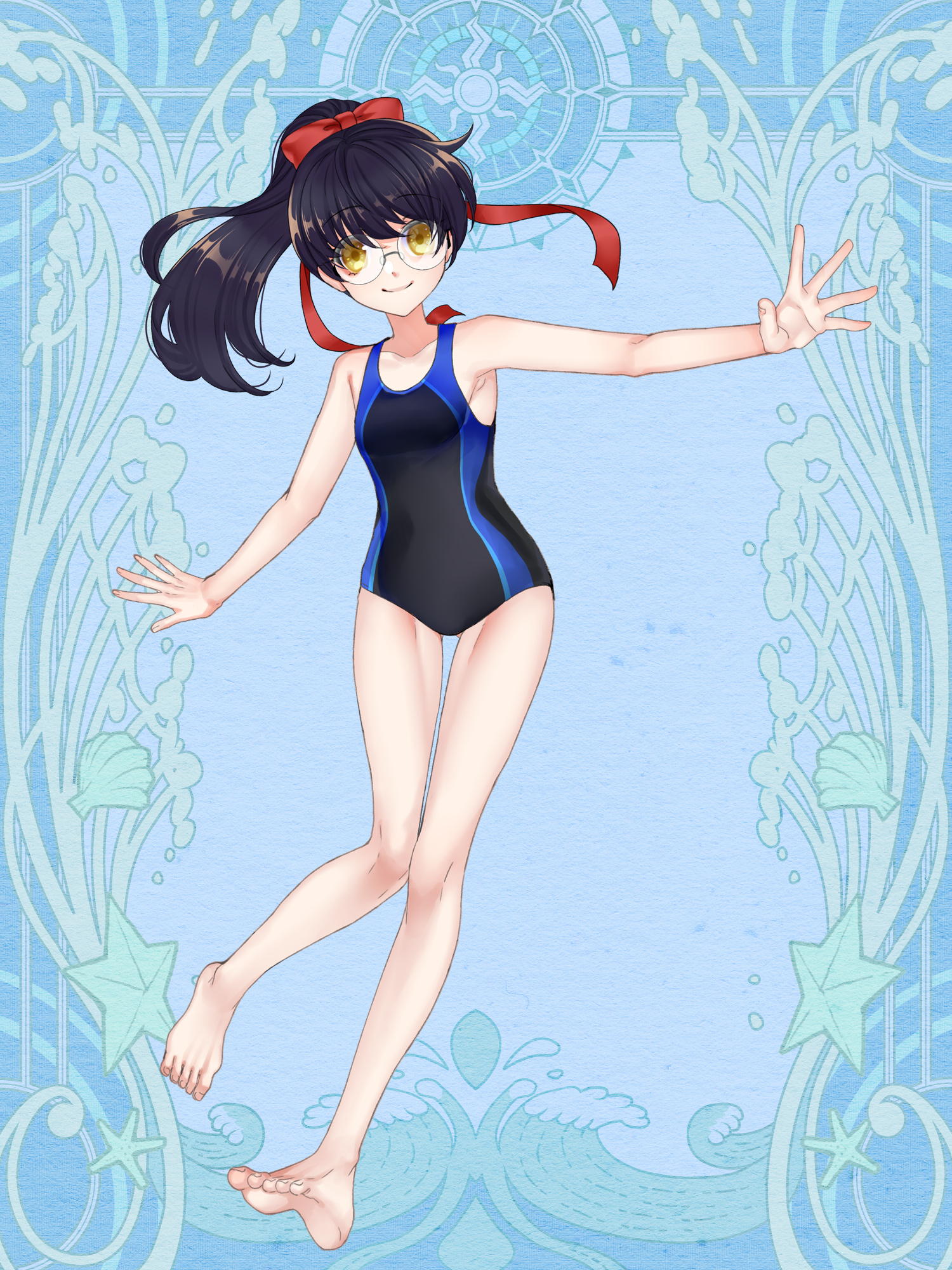 Safebooru - 1girl barefoot black hair blue background bow breasts dairoku ryouhei full body ...