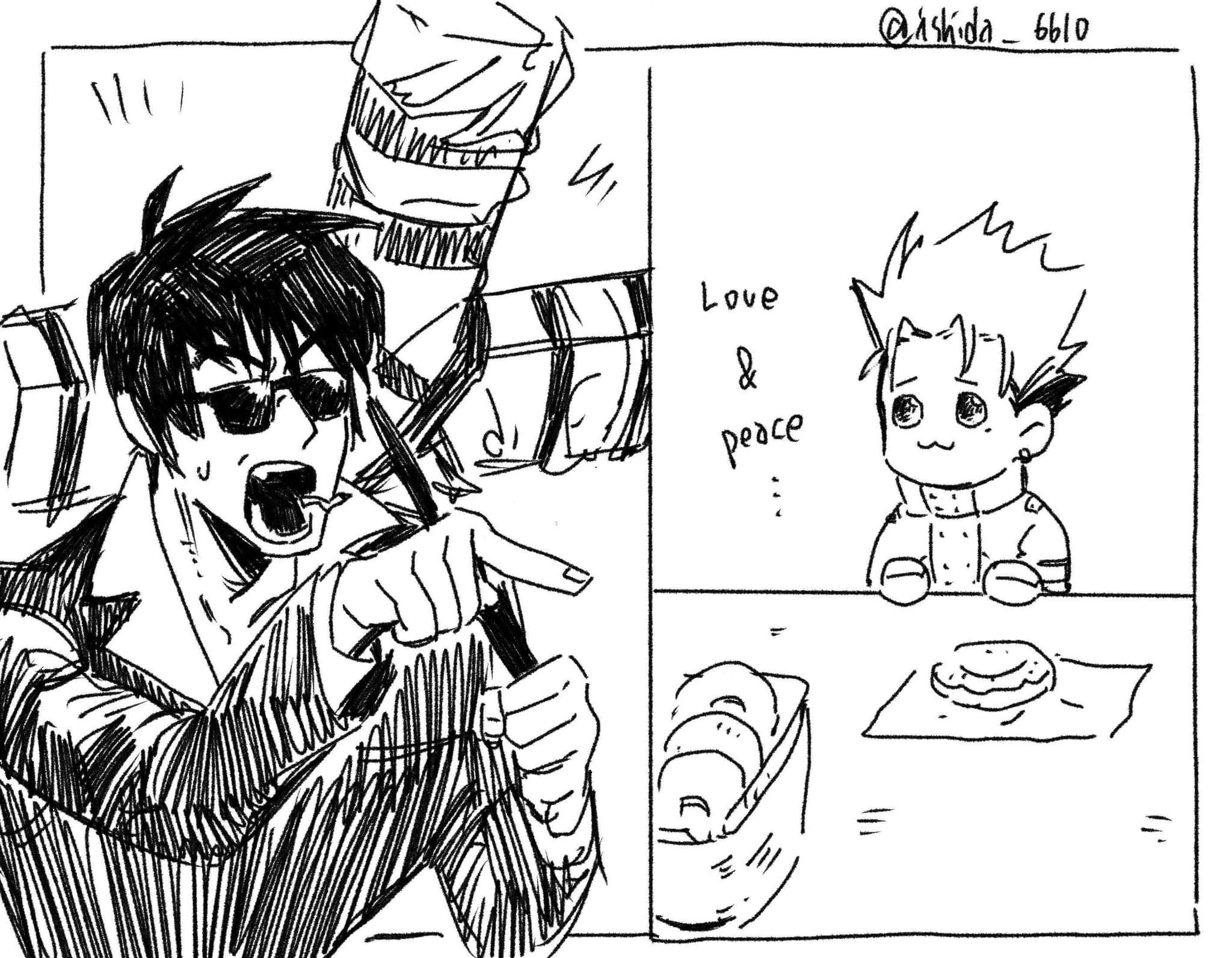 Safebooru - 2boys :3 cigarette cross doughnut earrings food greyscale ...