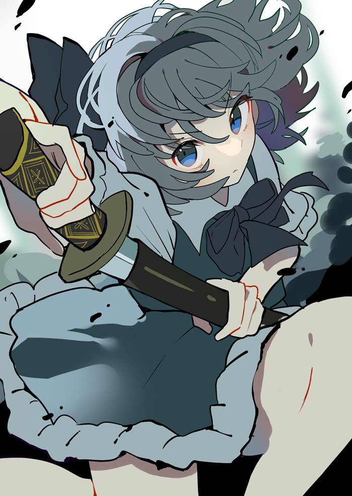 Safebooru - 1girl black bow black bowtie black hairband blue eyes bow bowtie closed mouth green ...