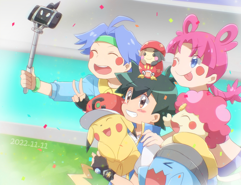 Safebooru - 1girl 2boys ash ketchum bangs baseball cap black hair blue eyes blue hair blush ...