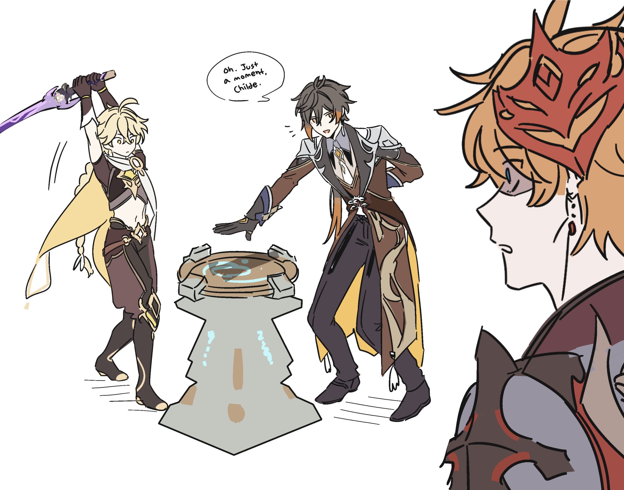 Safebooru - 3boys aether (genshin impact) arm behind back arms up bangs ...