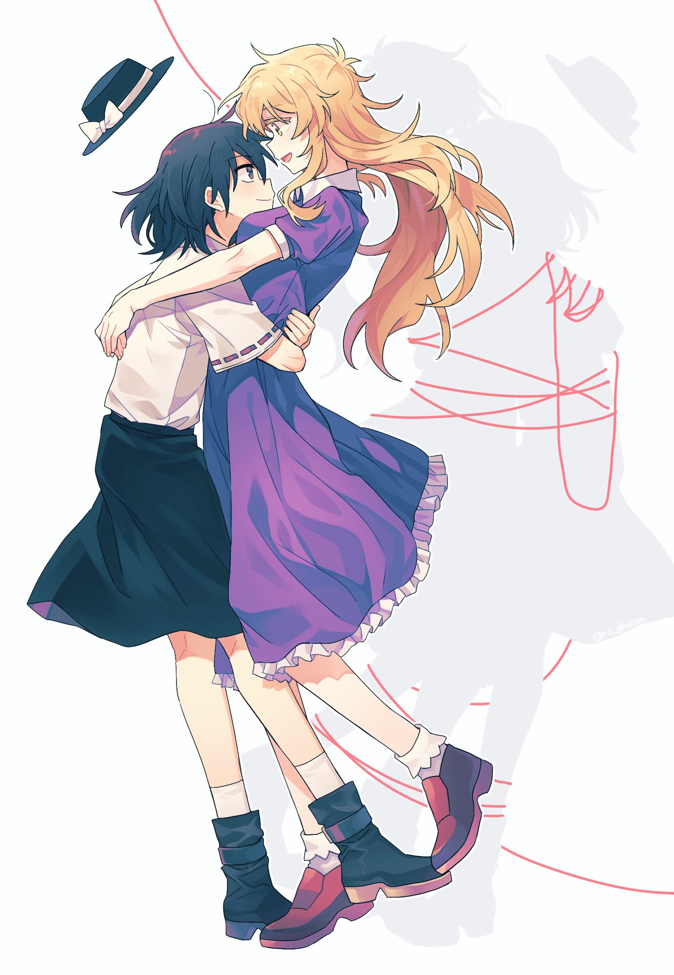 Safebooru - 2girls black footwear black hair black headwear black skirt blonde hair bobby socks ...