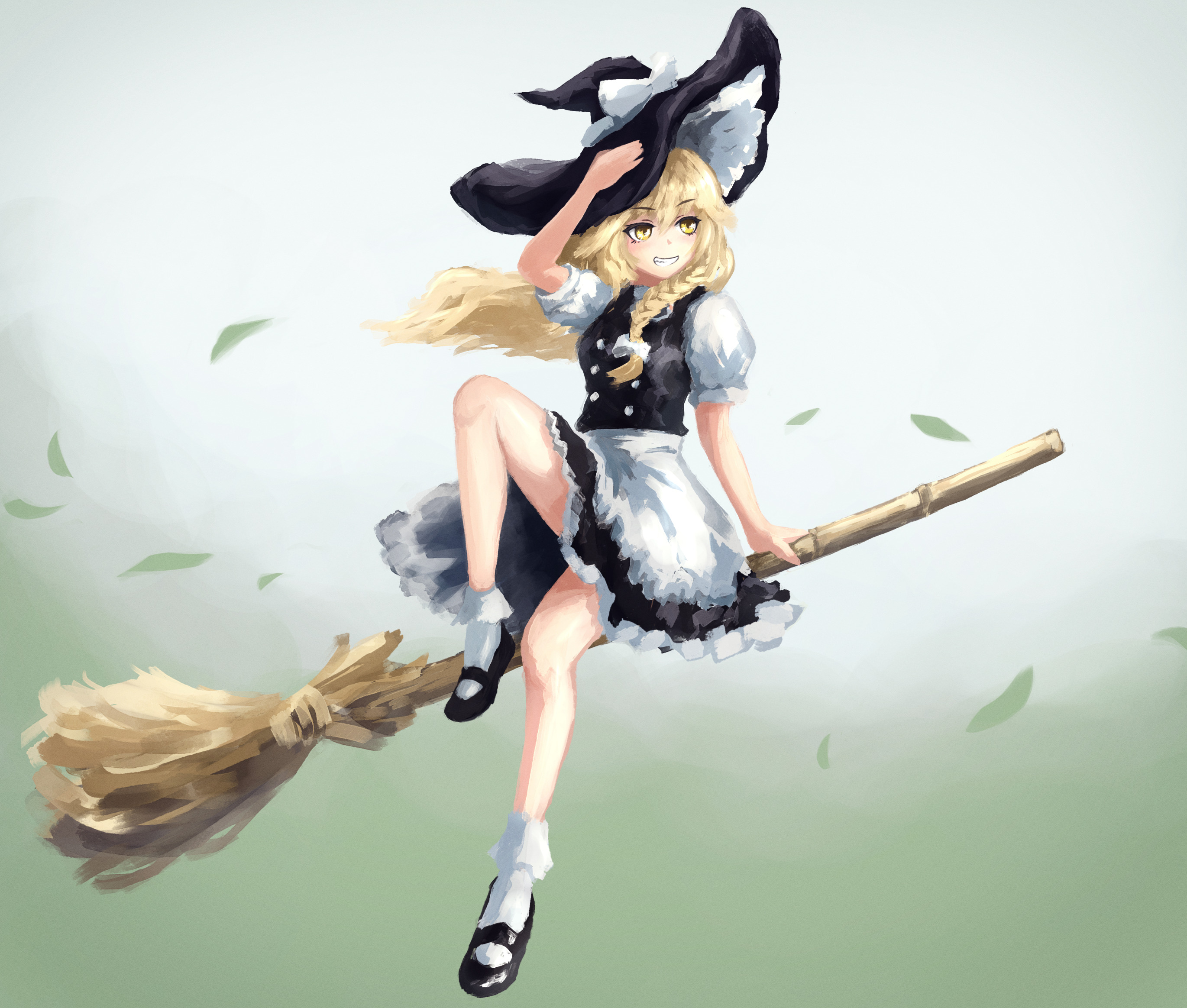 Safebooru - 1girl apron bamboo broom black footwear black headwear black skirt black vest blonde ...