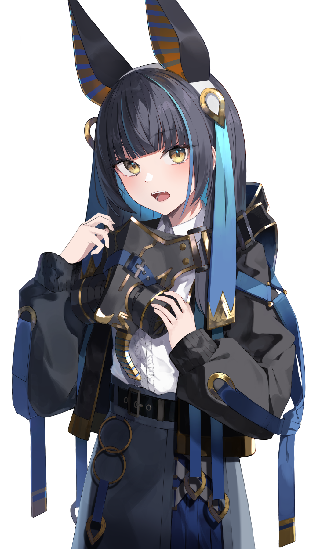 Safebooru - 1girl animal ears bangs belt black hair black jacket blue hair blue skirt blunt ...