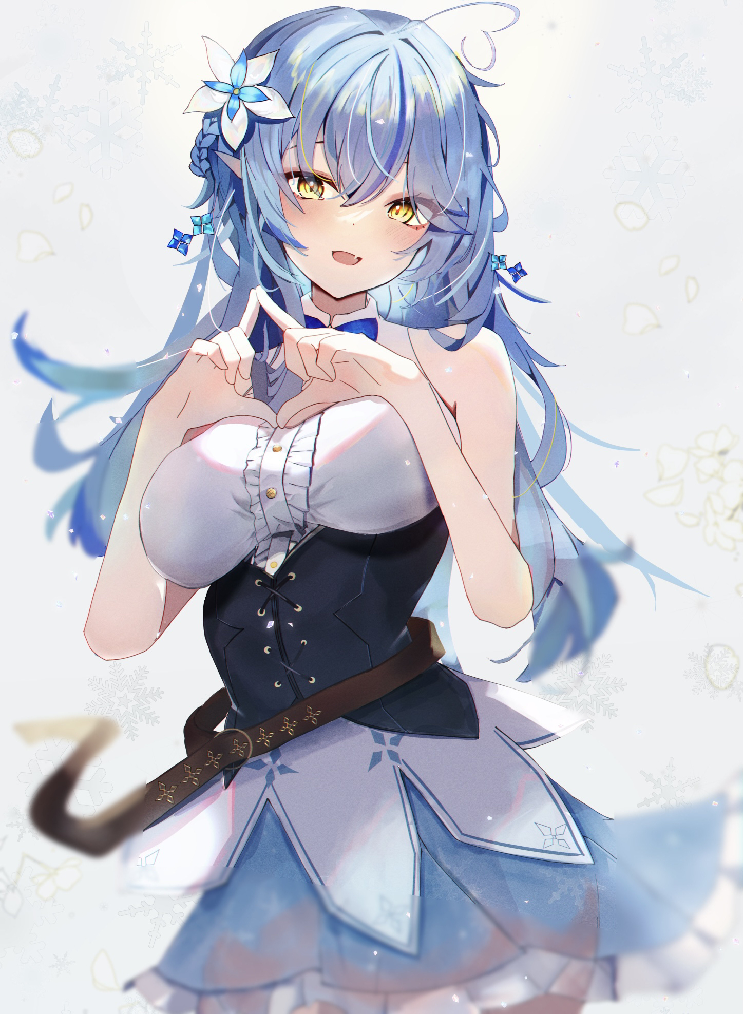 Safebooru - 1girl ahoge bangs bare shoulders belt blue bow blue bowtie blue hair blue skirt ...