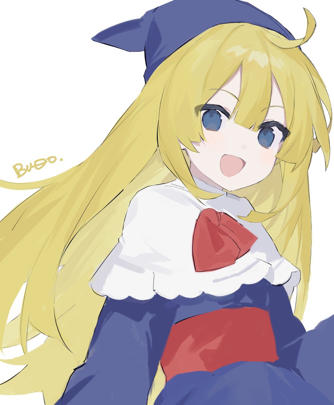Safebooru - 0mot 1girl :d ahoge blonde hair blue dress blue eyes blue headwear capelet dress ...