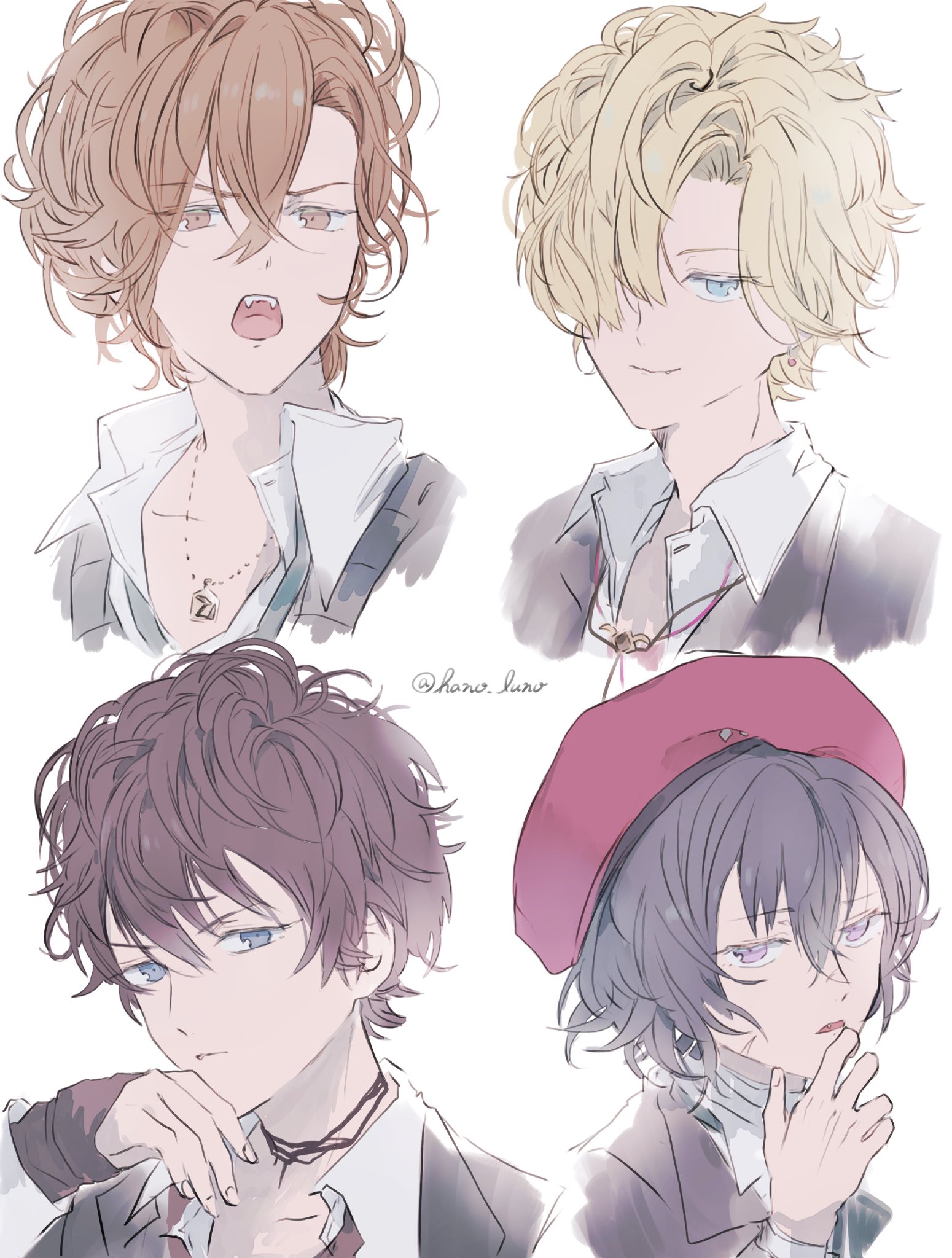 Safebooru - 4boys bandaged neck bandages bangs beret black hair black jacket blonde hair blue ...