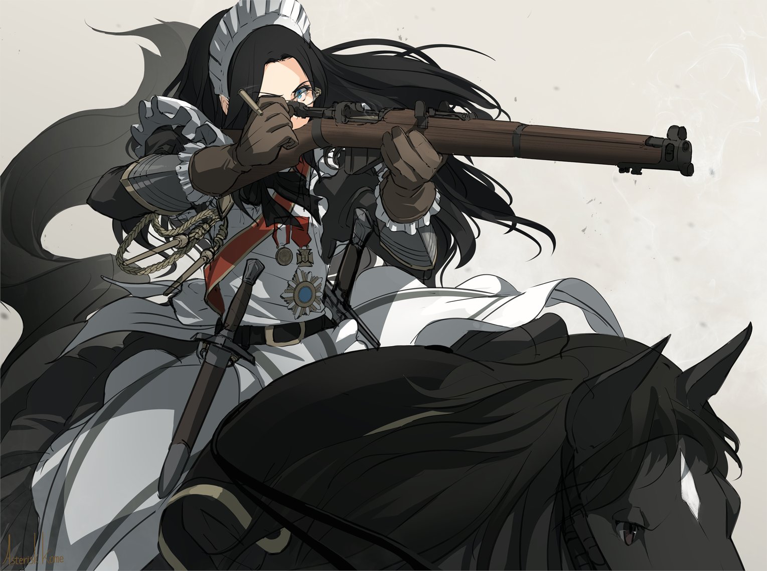 Safebooru - 1girl aiming apron asterisk kome black hair blue eyes bolt action dagger glasses ...