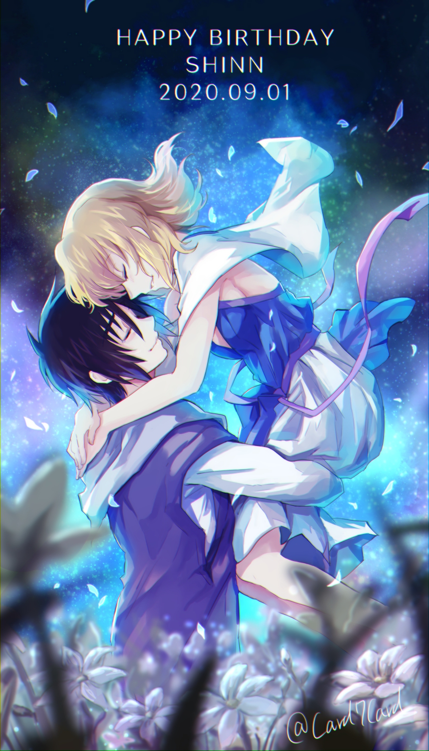 Safebooru - 1boy 1girl 2020 arms around neck black hair blonde hair blurry blurry foreground ...