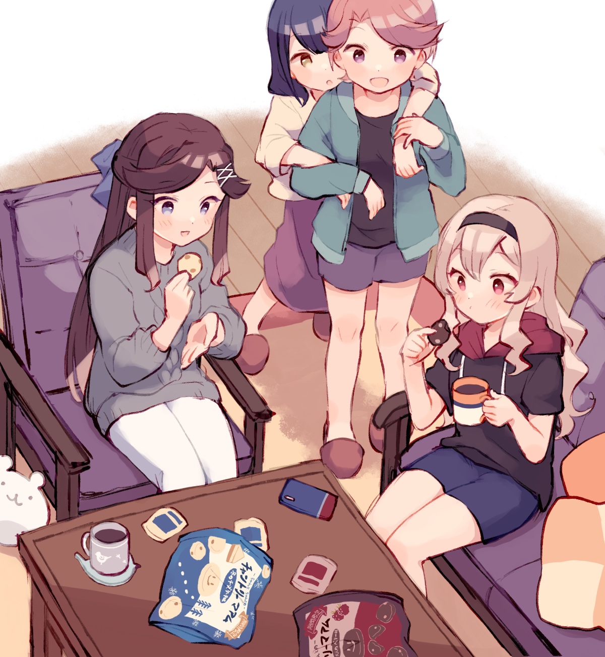 Safebooru - 4girls :d :o animal print aqua shirt arm around shoulder bag bangs behind another ...