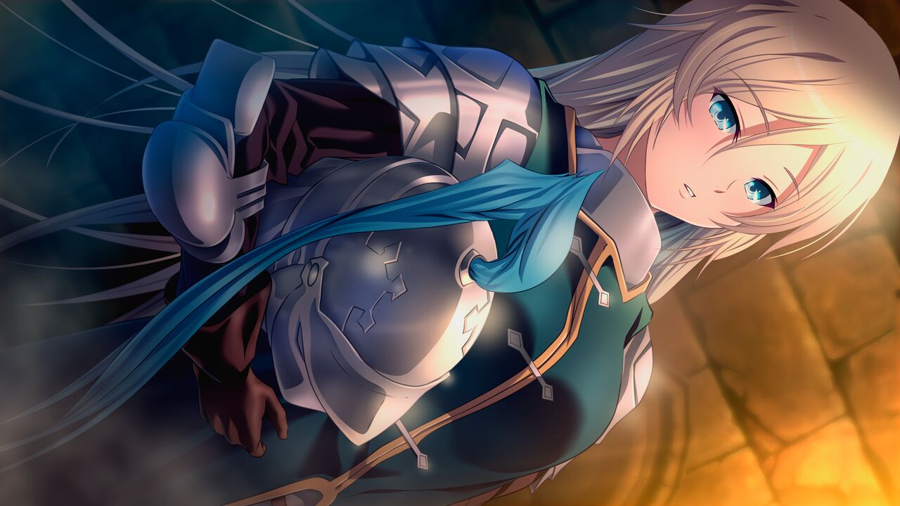 Safebooru - 1girl armor bangs blonde hair blue eyes blurry blurry background brown gloves chario ...