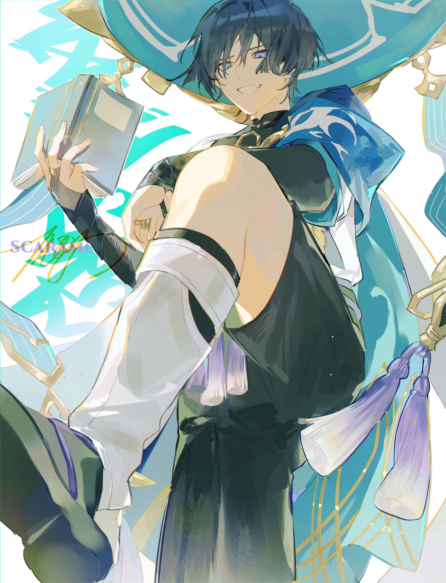 Safebooru - 1boy absurdres arm armor arms up bangs belt black footwear black hair black shirt ...