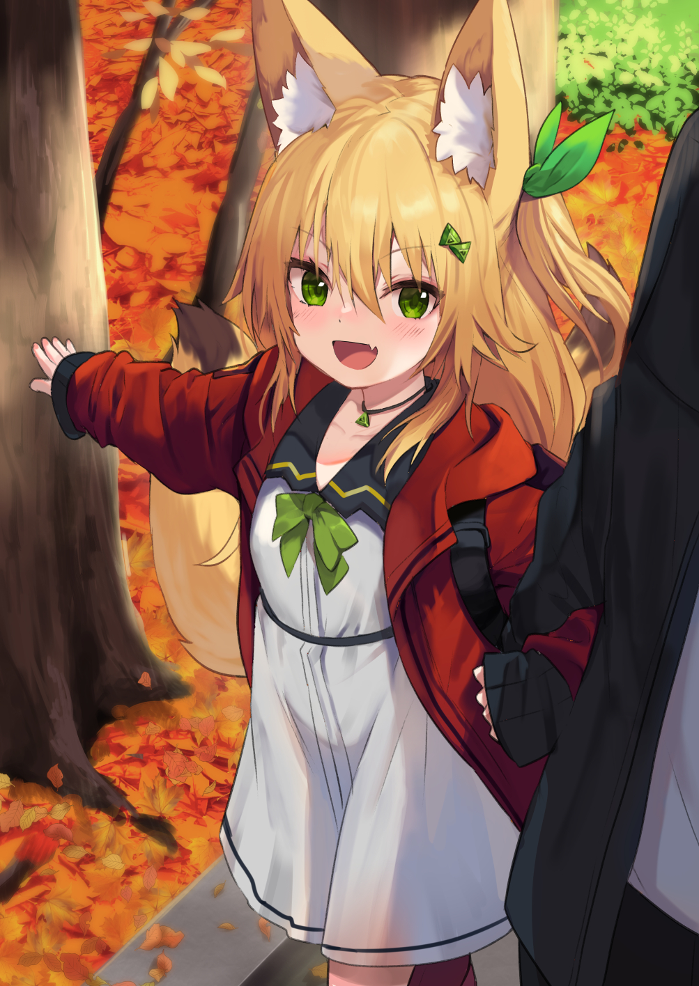 Safebooru - 1girl 1other :d animal ears autumn autumn leaves blonde ...