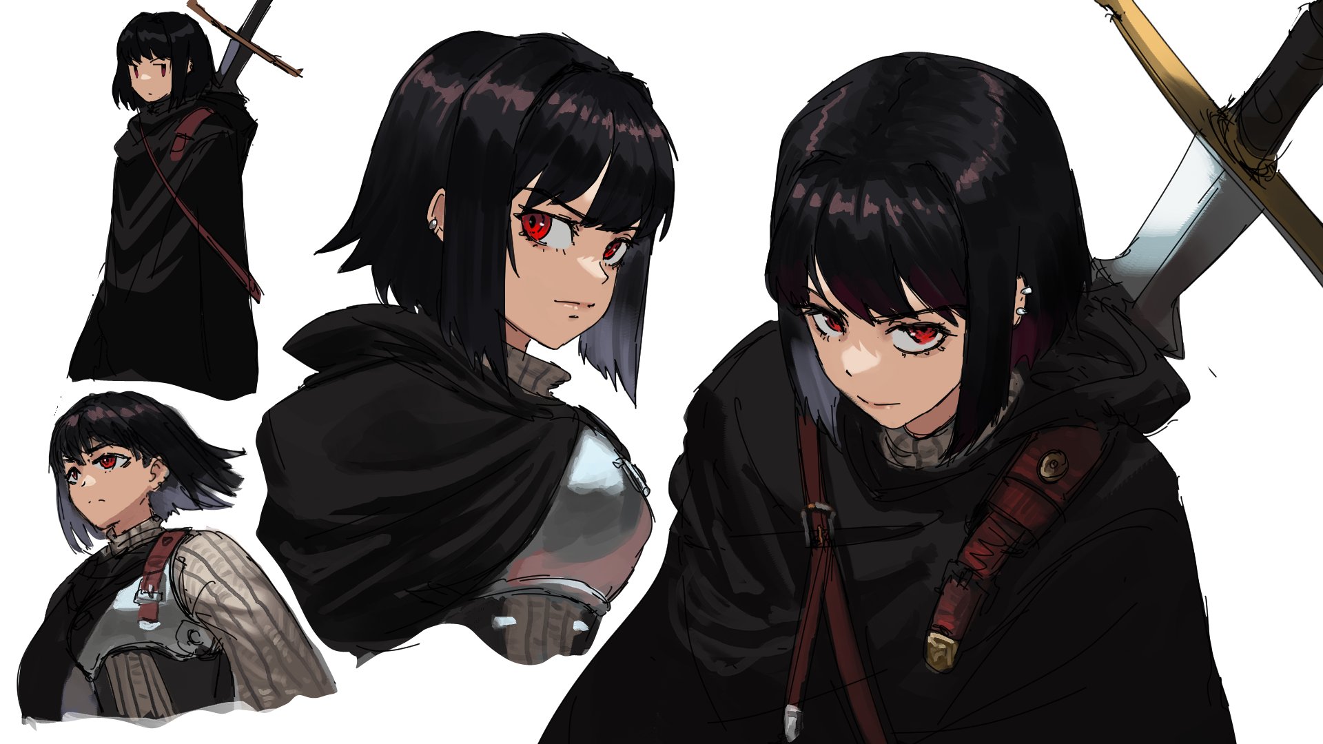 Safebooru - 1girl armor bangs black cloak black hair breastplate breasts cloak closed mouth ...