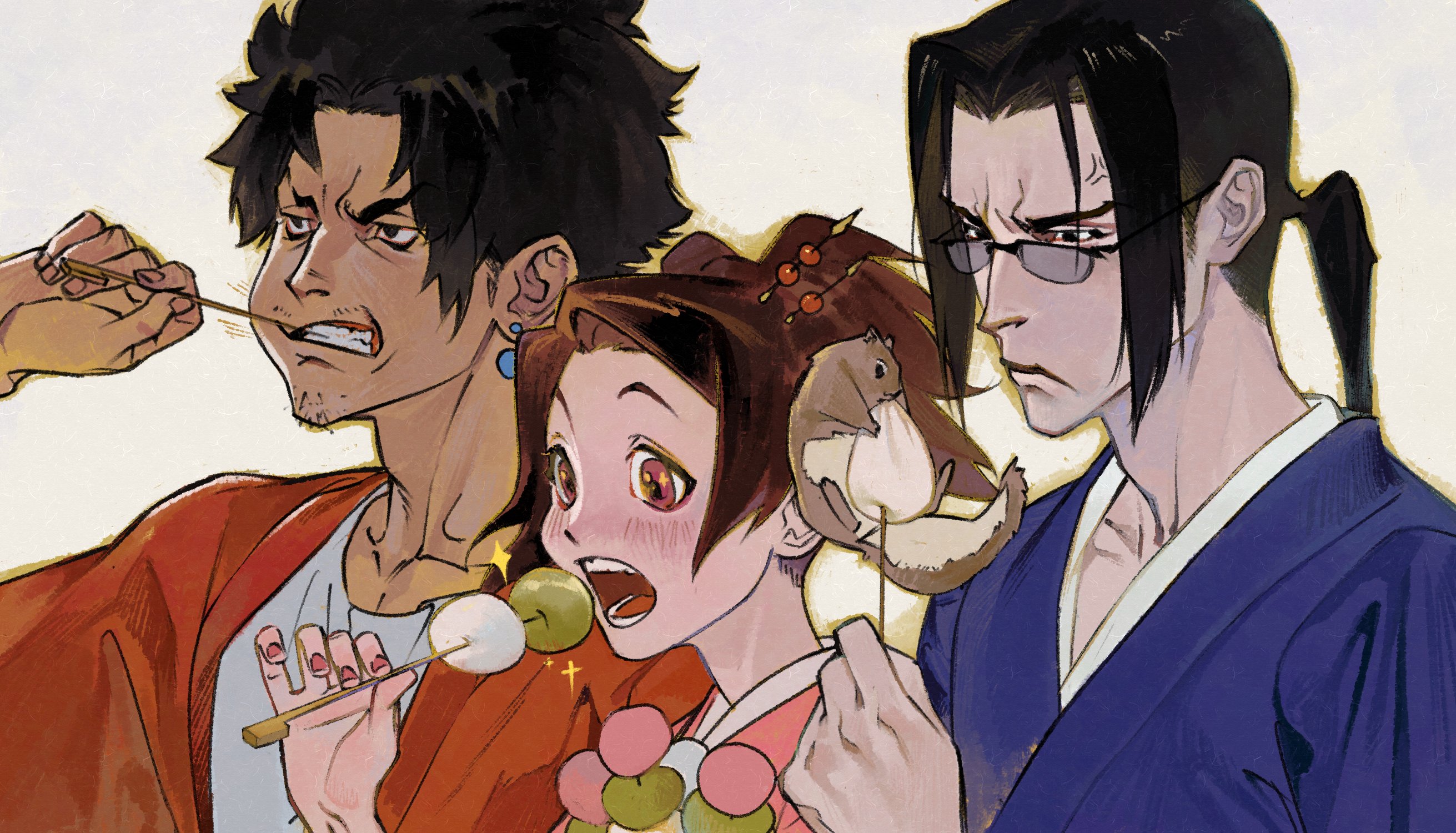 Safebooru - 1girl 2boys anger vein black hair blue kimono blush brown ...