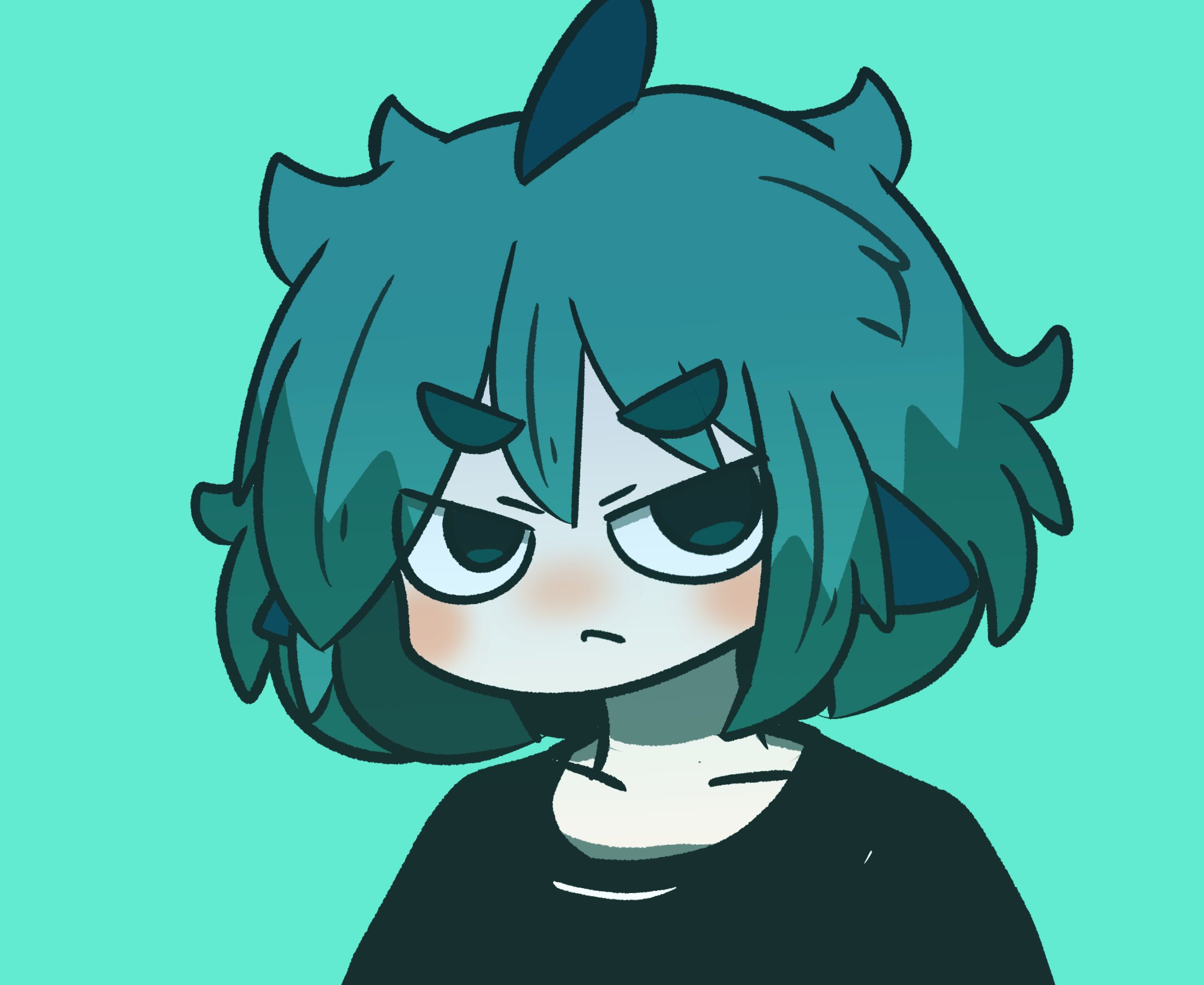 Safebooru - 1girl bangs black shirt blue background blue eyes blue hair blush collarbone ...