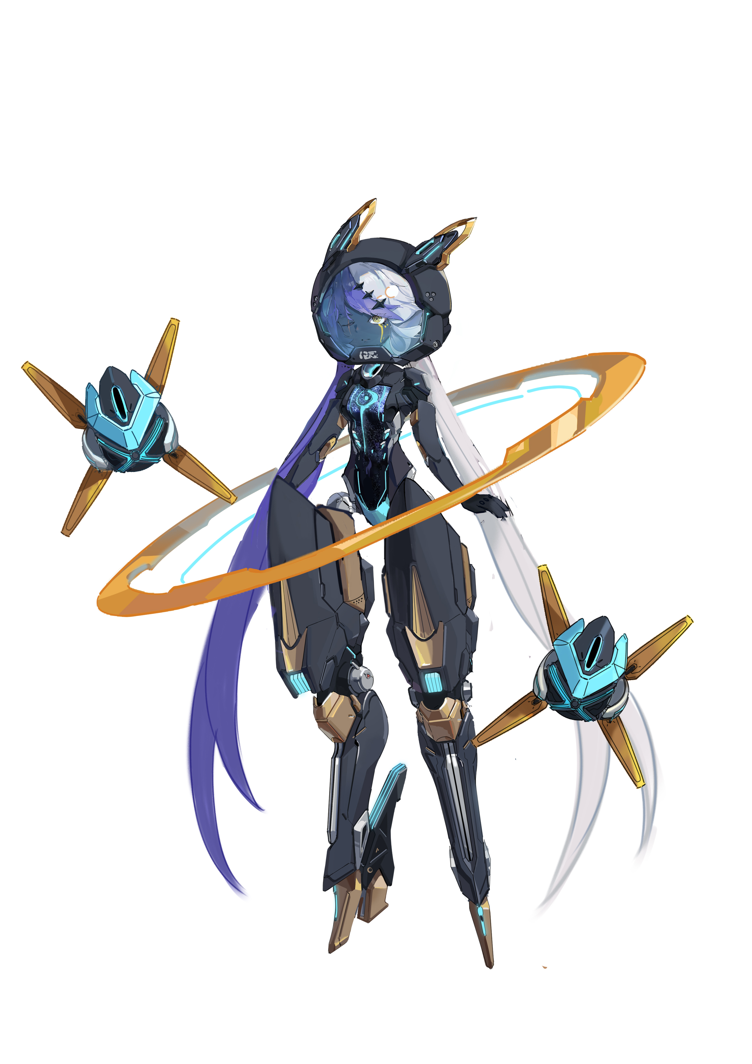 Safebooru - 1girl absurdres android arms at sides black skin blue hair ...