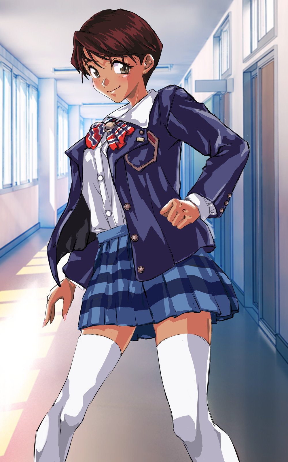 Safebooru - 1girl blazer blue jacket blue skirt bow brown eyes brown hair dark skin hallway ...