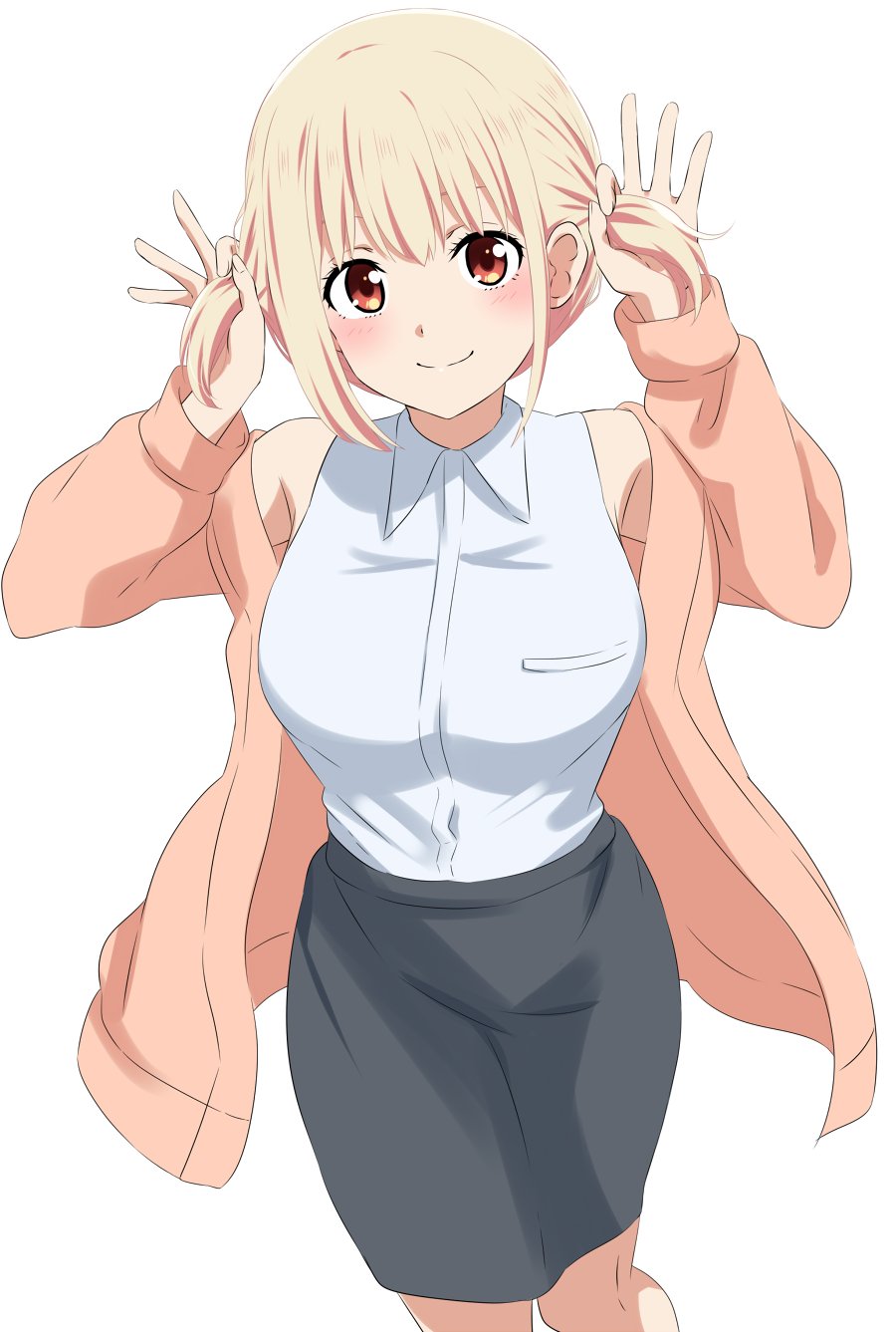 Safebooru - 1girl armpits arms up black skirt blonde hair blush breast pocket breasts brown ...