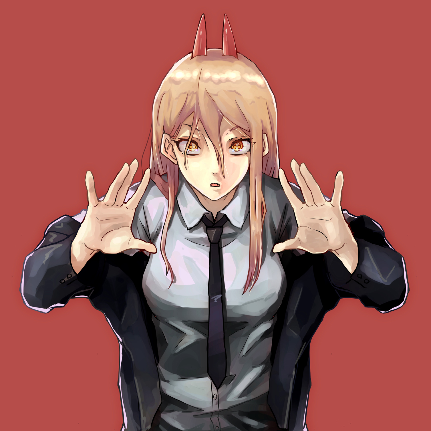 Safebooru - 1girl black necktie blonde hair chainsaw man collared shirt crosshair pupils fangs ...