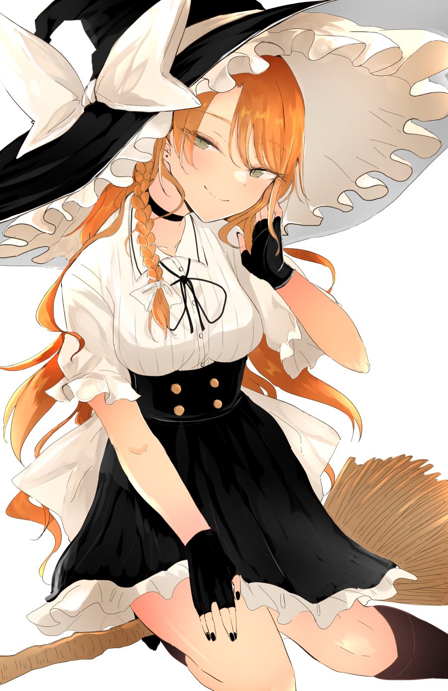 Safebooru - 1girl black dress black gloves black nails blonde hair bow broom dress gloves green ...