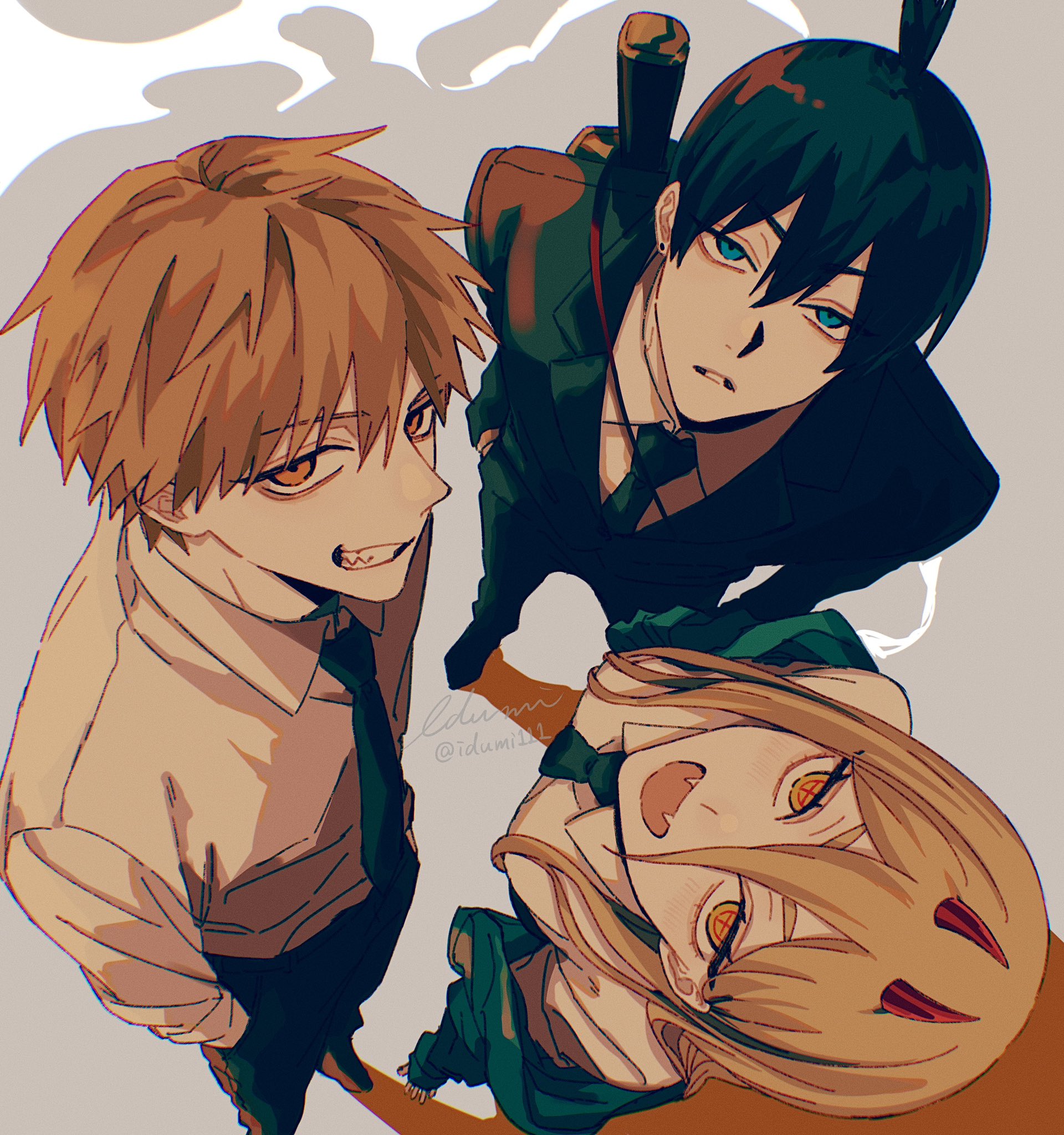 Safebooru - 1girl 2boys black hair blue eyes chainsaw man cross-shaped ...