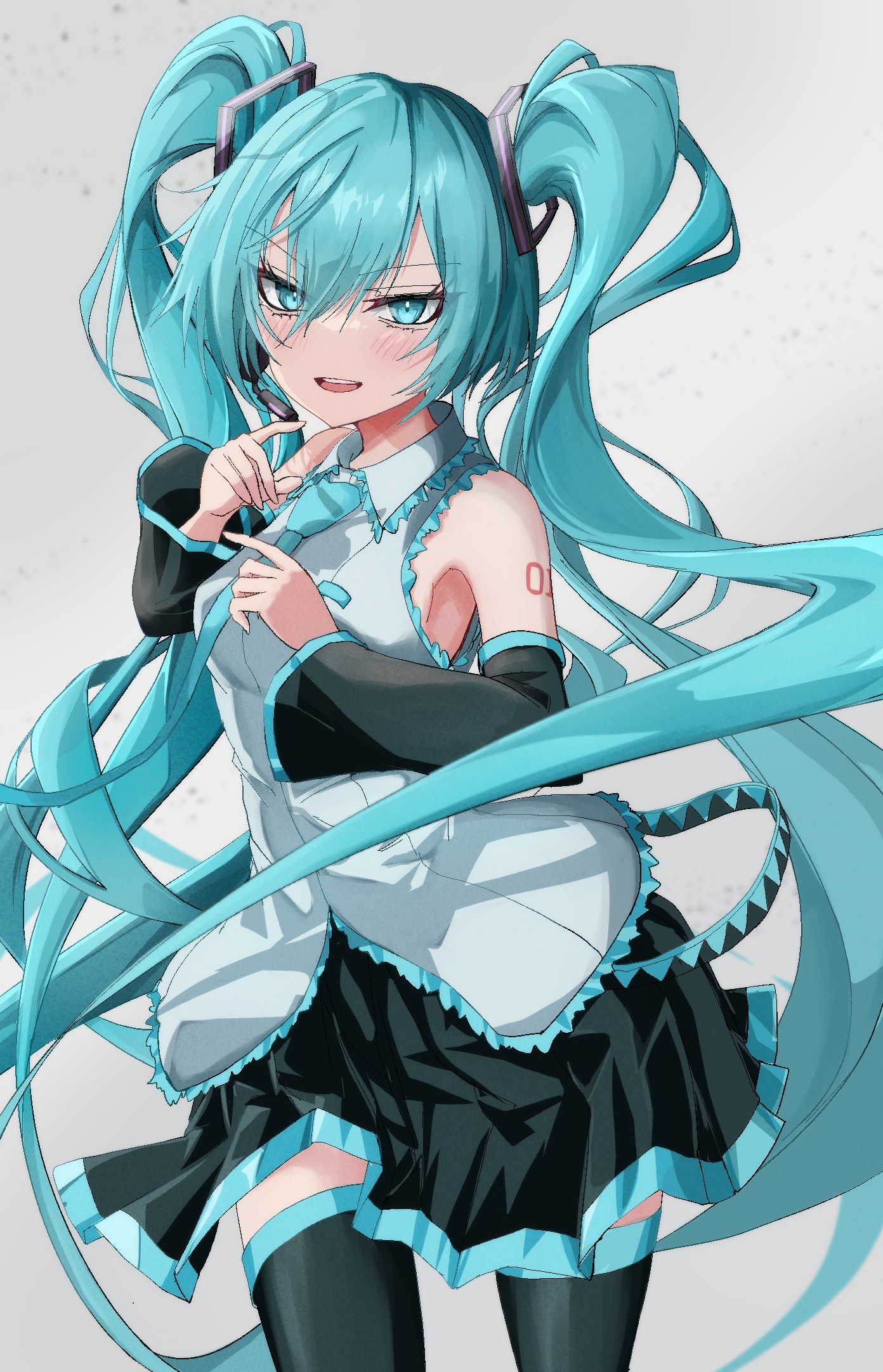 Safebooru - 1girl aqua eyes aqua hair aqua necktie arm tattoo armpits black skirt black ...