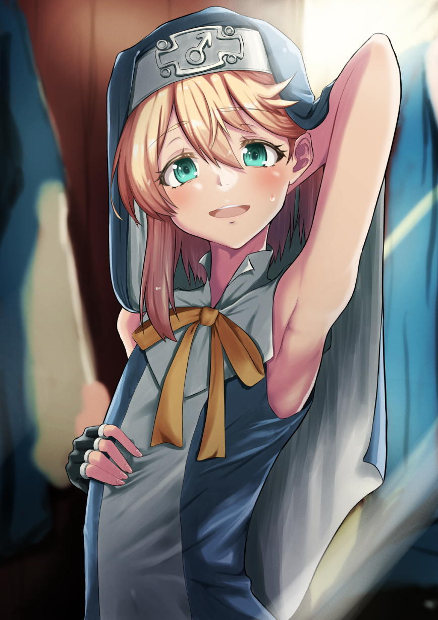 Safebooru - 1boy aqua eyes arm up armpits black gloves blonde hair blush bridget (guilty gear ...