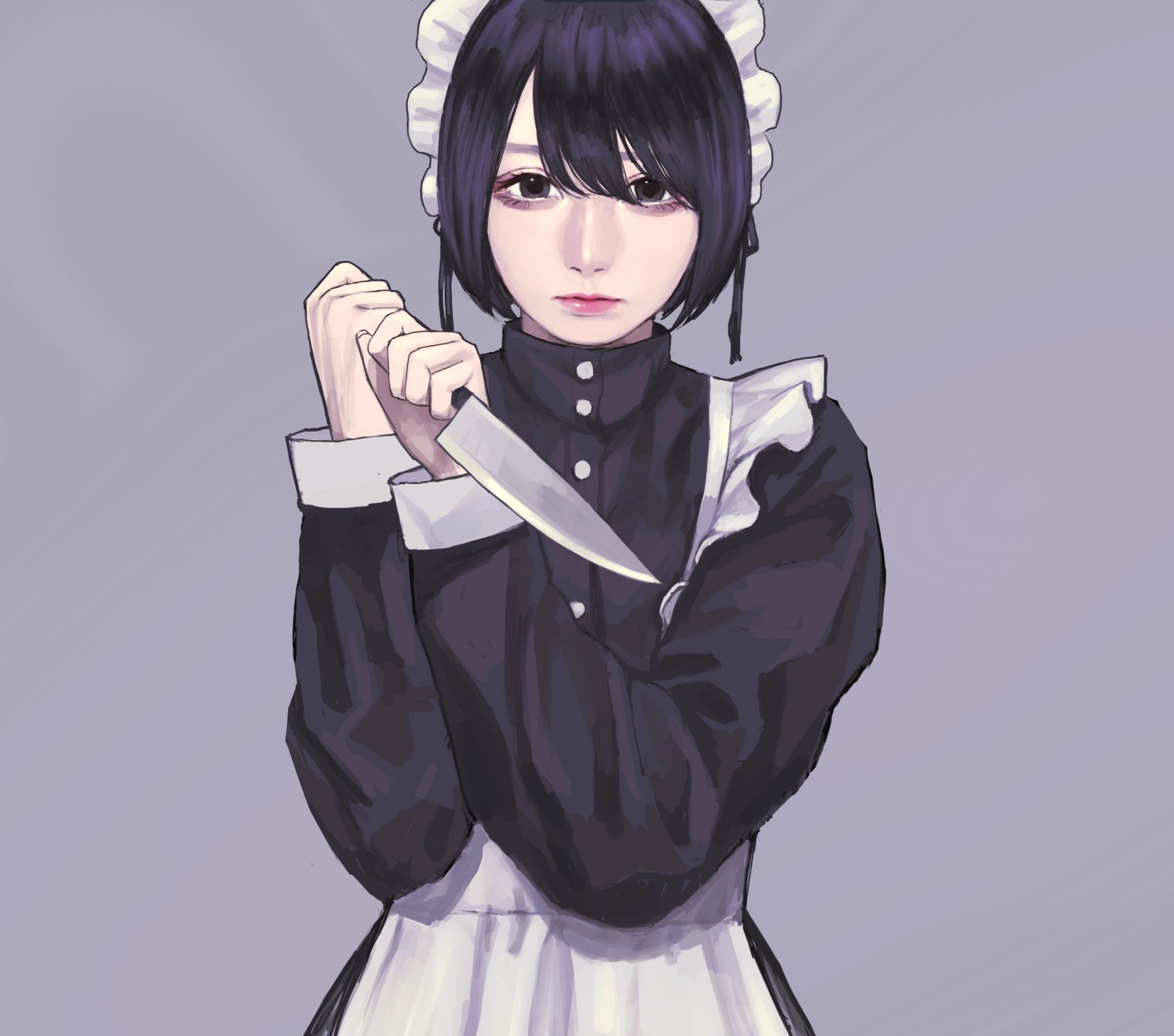 Safebooru - 1girl apron black dress black eyes black hair black ribbon buttons closed mouth ...