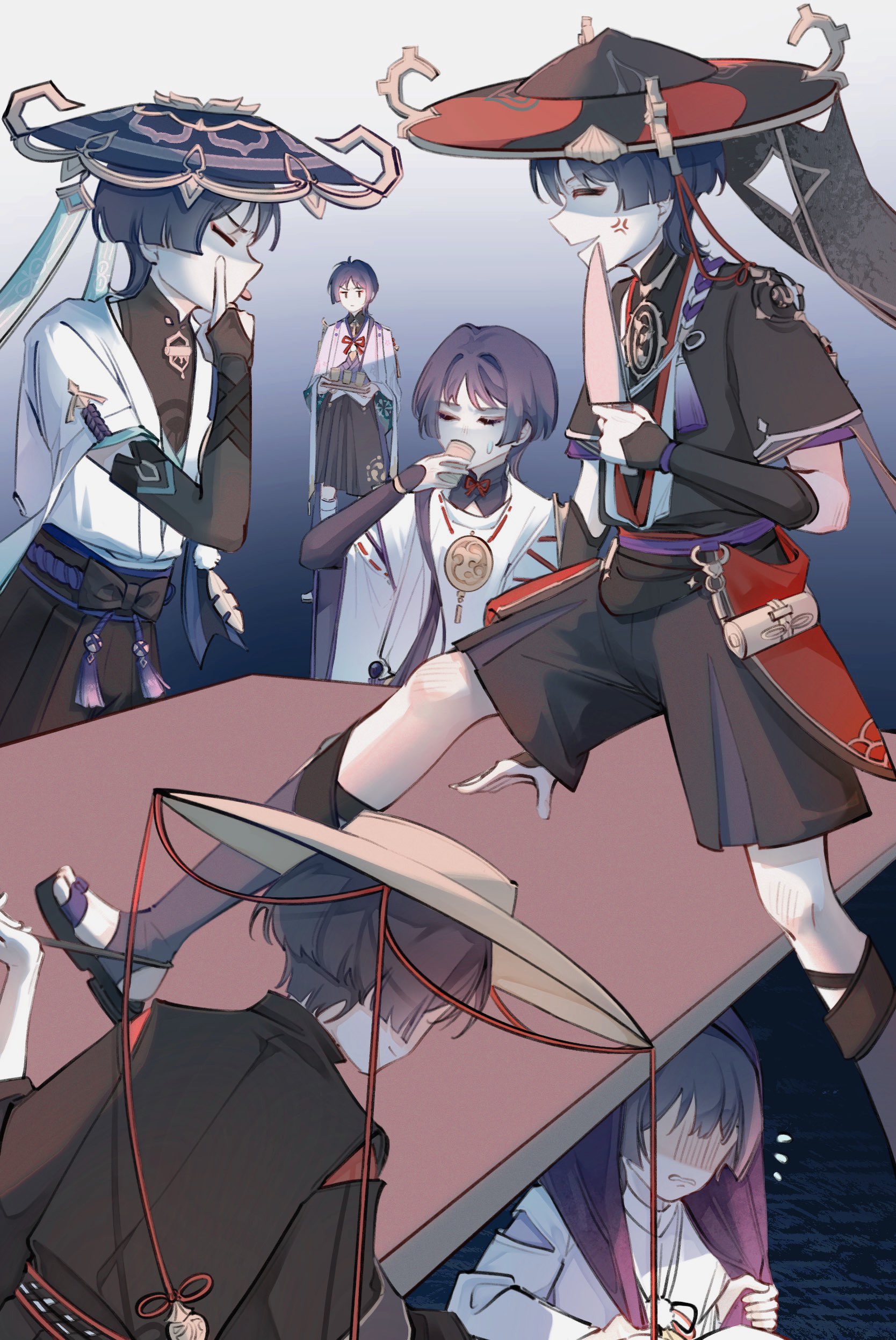 Safebooru - 5boys absurdres ahoge anger vein arm armor artist name back bangs belt black belt ...