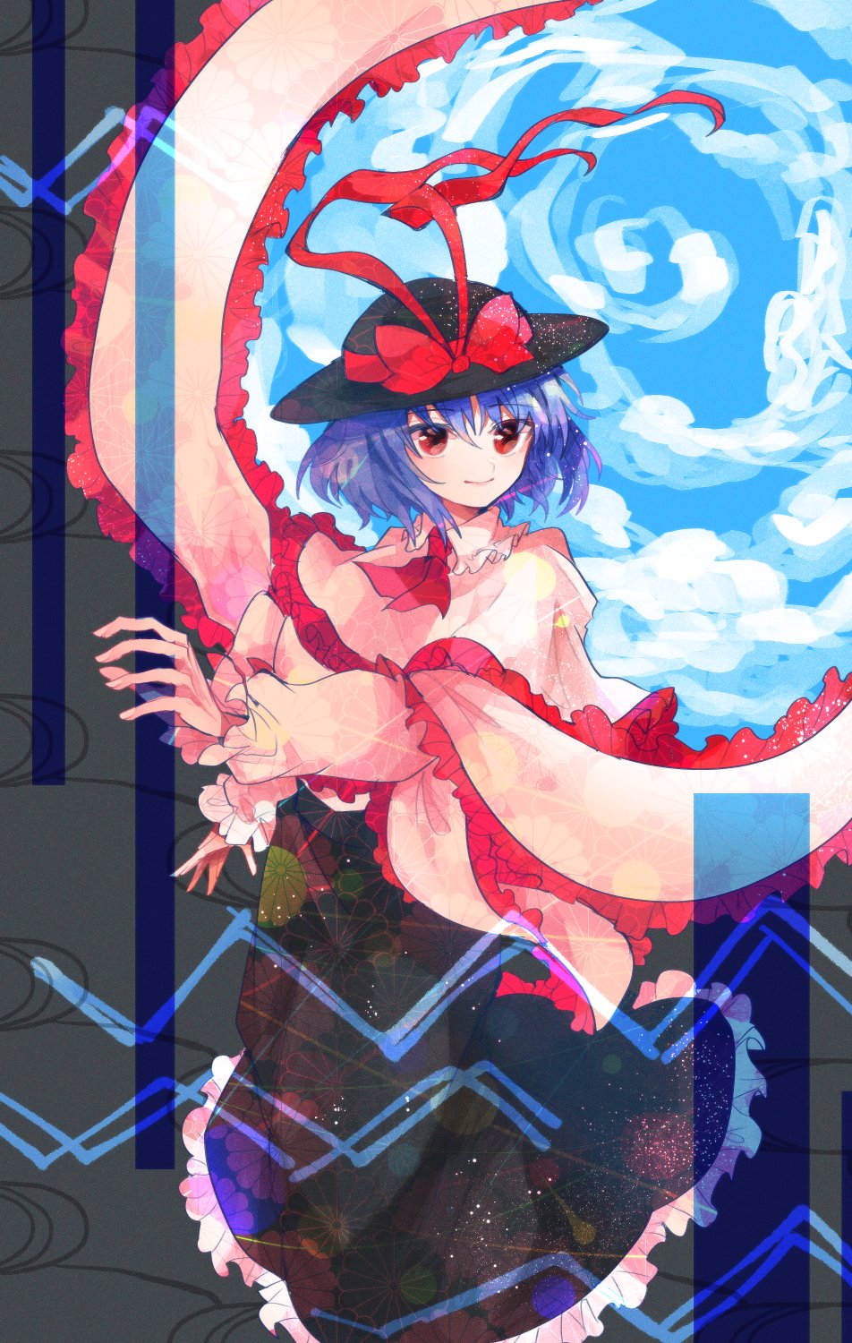 Safebooru - 1girl arm up ascot bangs black headwear black skirt blue sky bow capelet closed ...