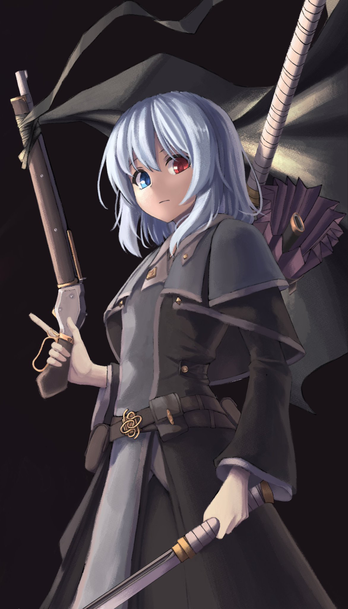 Safebooru - 1girl allcy49 alternate costume black background black jacket blue hair ...