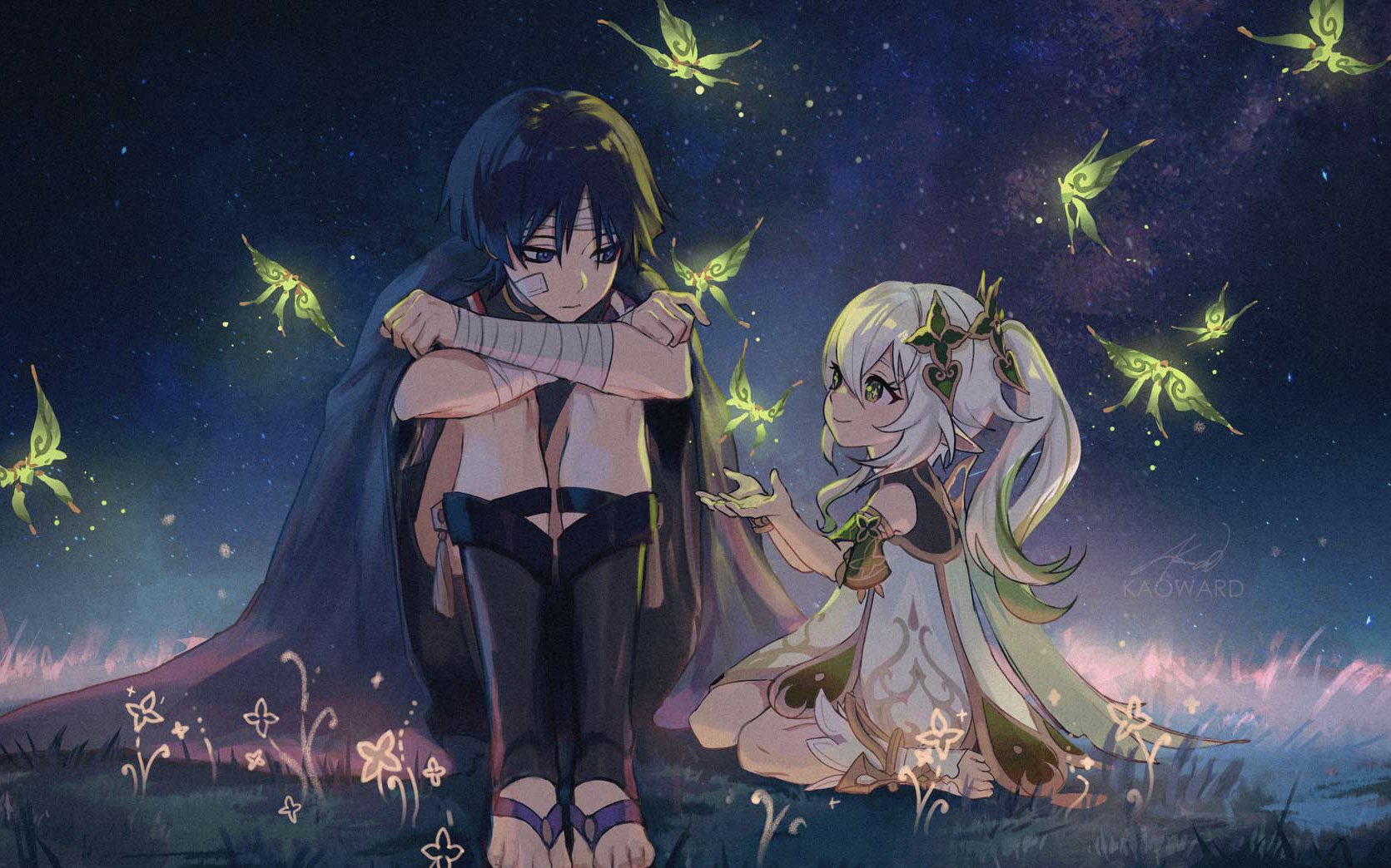 Safebooru - 1boy 1girl bandaged arm bandages bare shoulders blue eyes blue hair cloak crystalfly ...