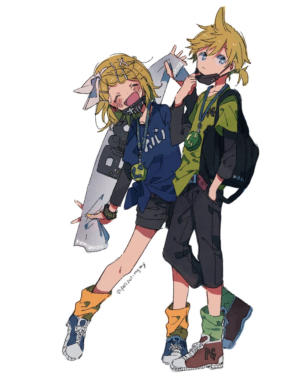 Safebooru - 1boy 1girl ^ ^ ahoge bag bangs belt belt buckle black bag black pants black shorts ...