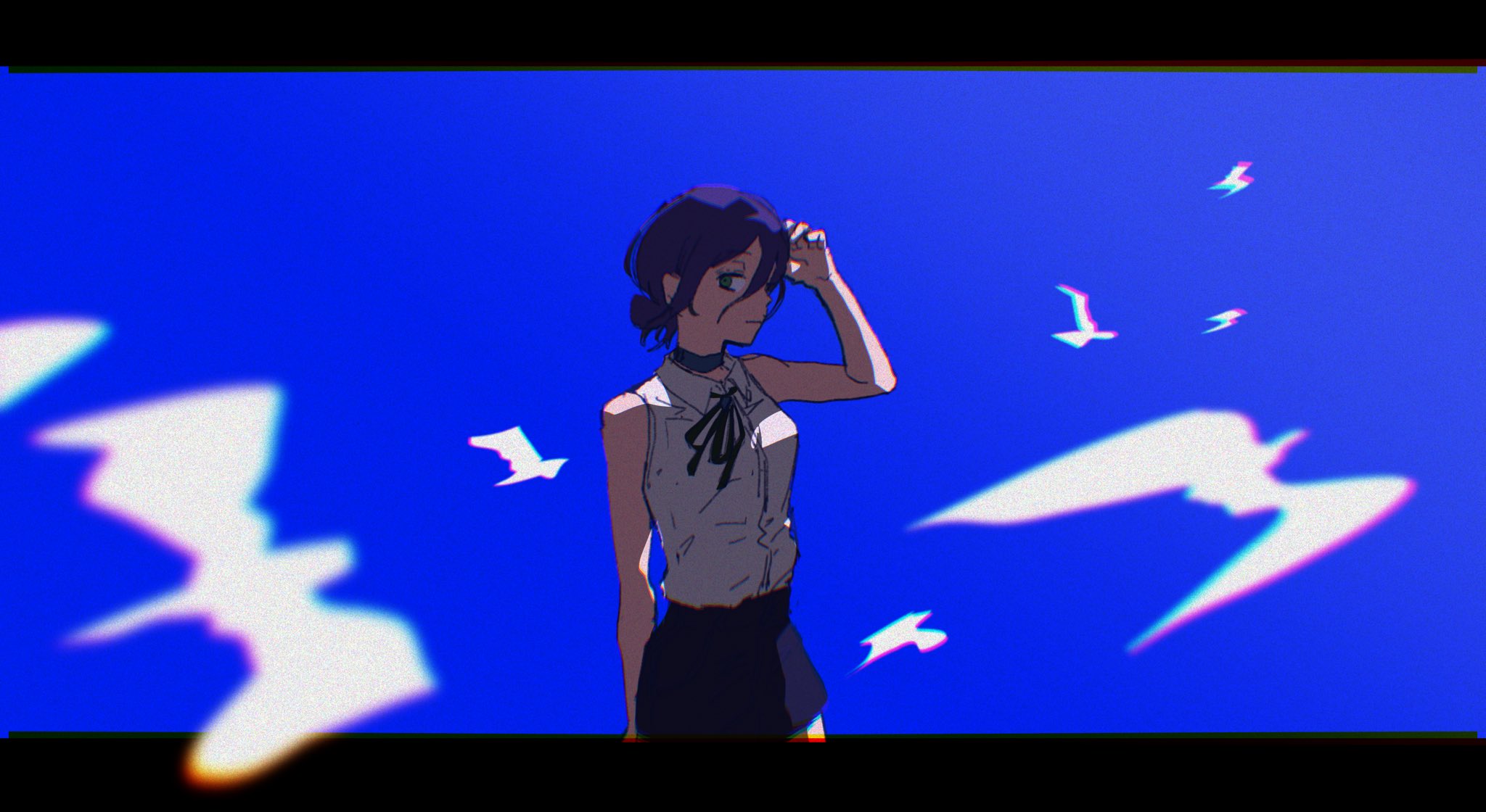 Safebooru - 1girl bird black choker black ribbon blue background blue theme chainsaw man choker ...