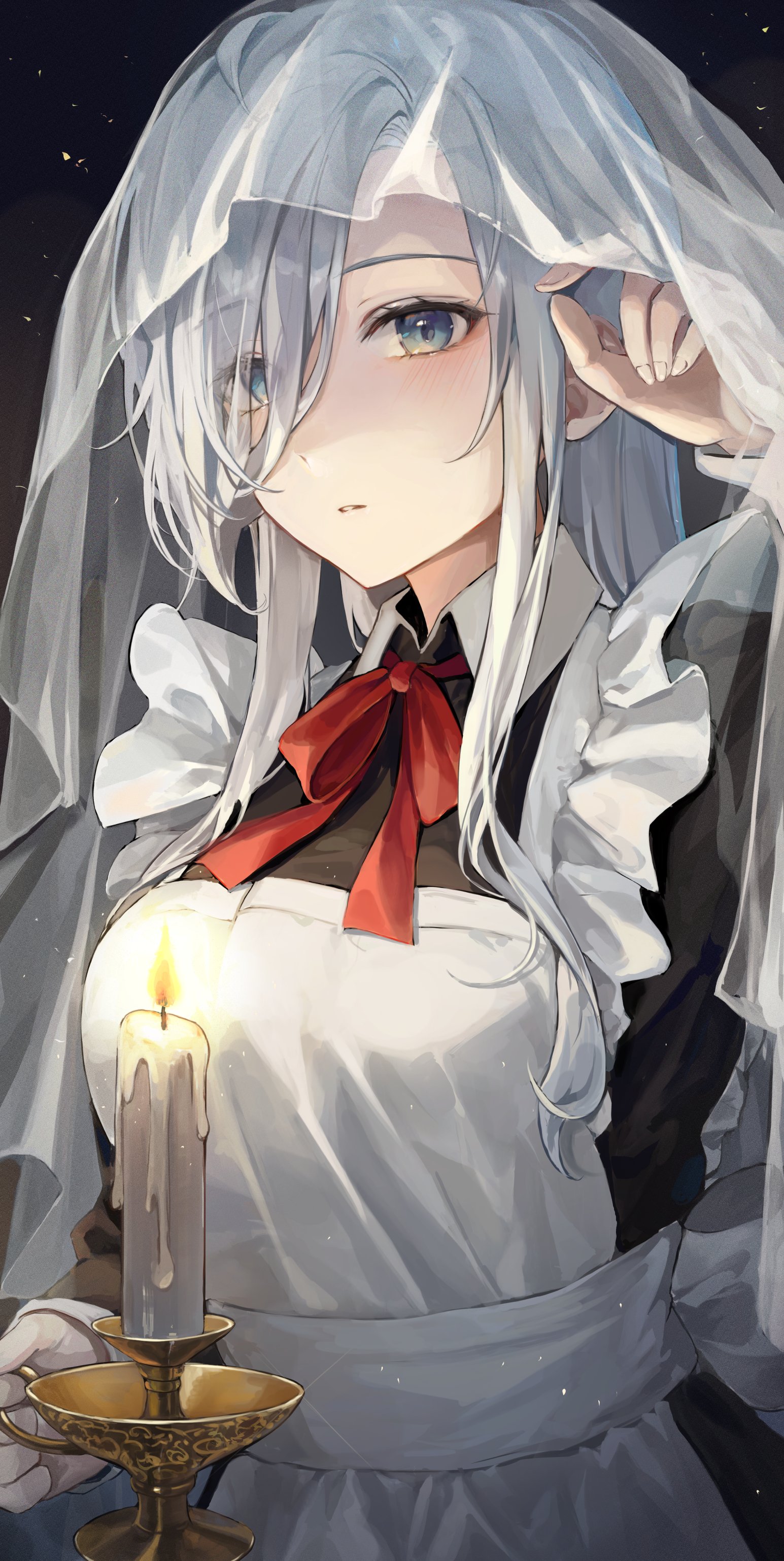 Safebooru - 1girl absurdres alternate costume apron black dress blue eyes breasts candle ...