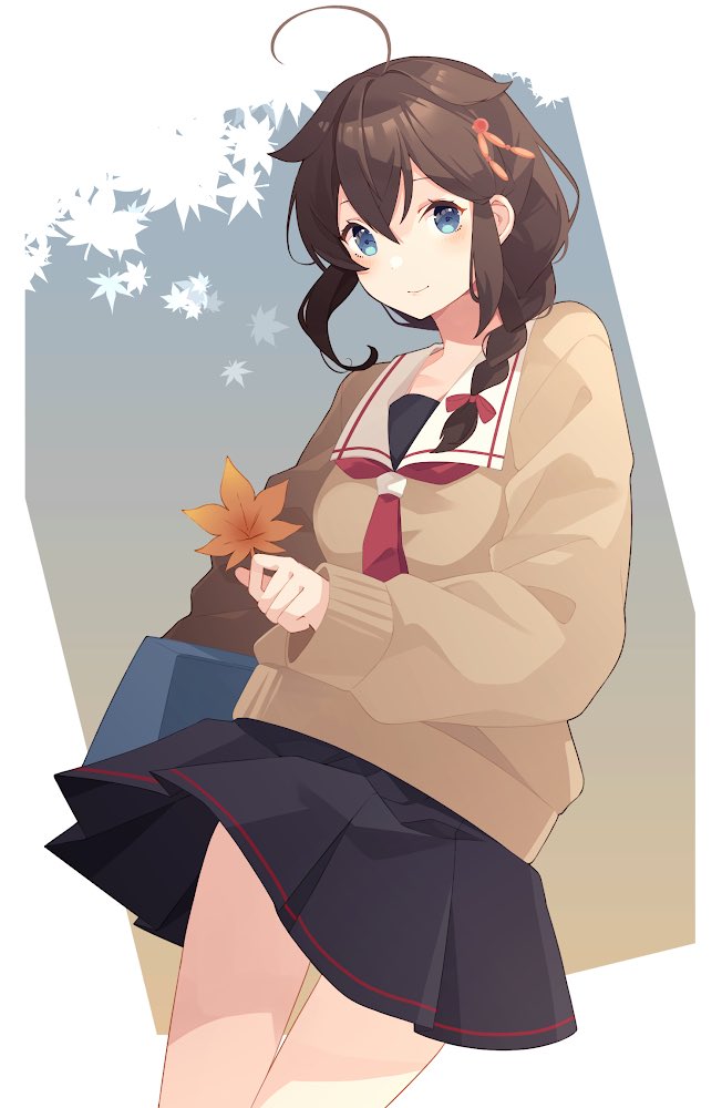 Safebooru - 1girl ahoge bag black skirt blue eyes blush braid brown hair cardigan closed mouth ...