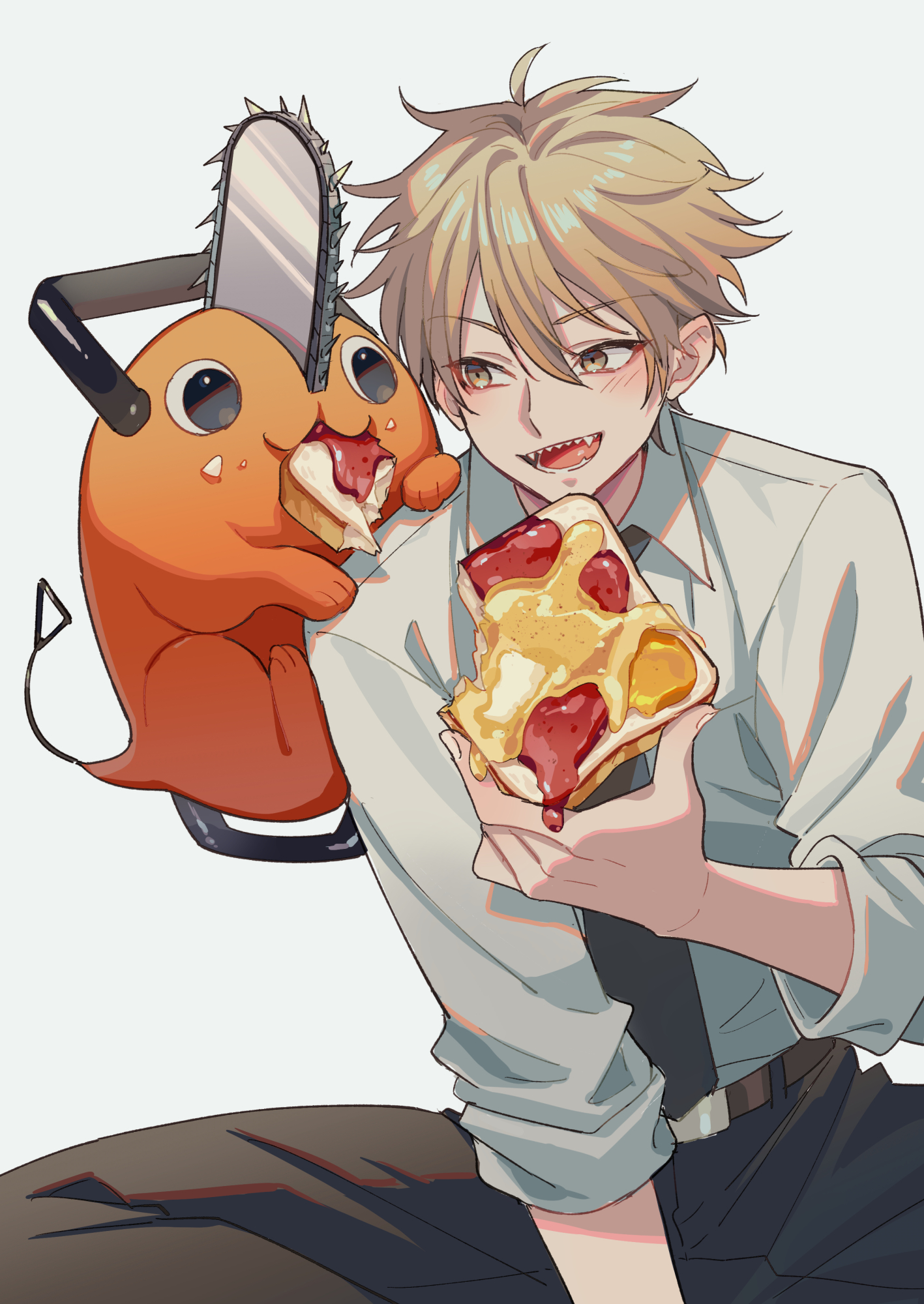 Safebooru - 1boy black necktie black pants blonde hair blush brown eyes chainsaw man collared ...