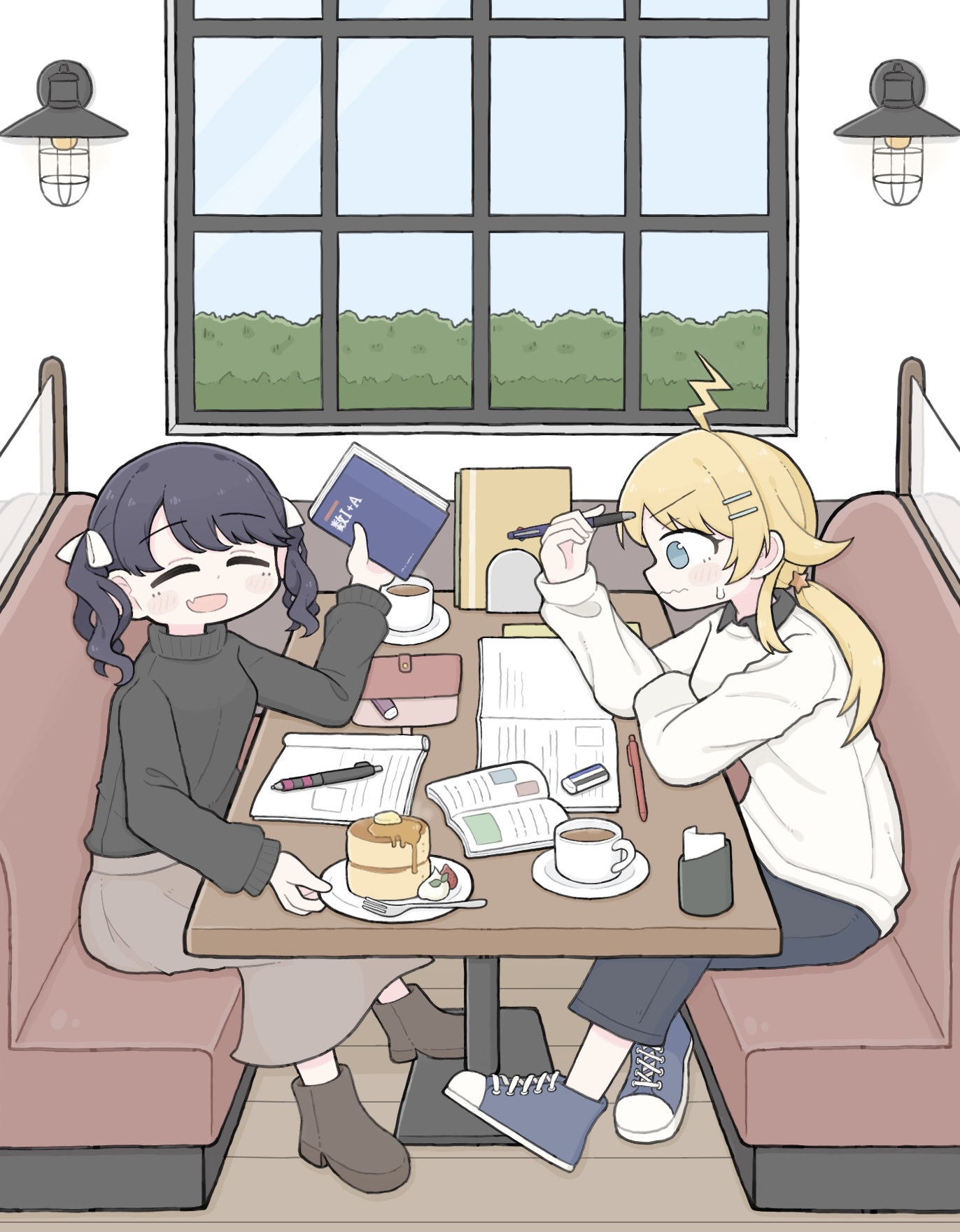 Safebooru - 2girls ahoge artist request black hair black sweater blonde hair blue eyes boots ...