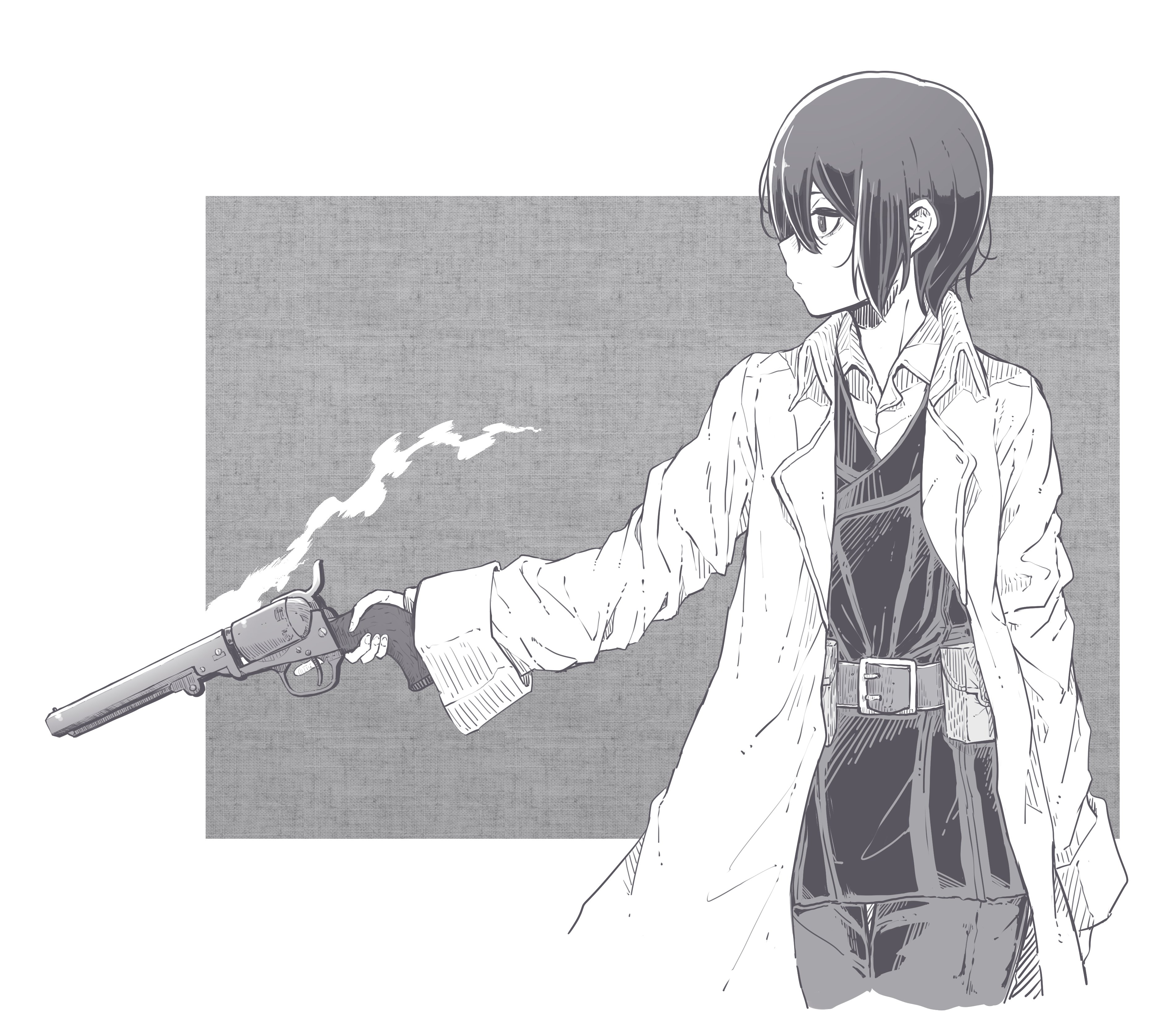 Safebooru - 1girl absurdres androgynous belt coat facing to the side greyscale gun highres ...