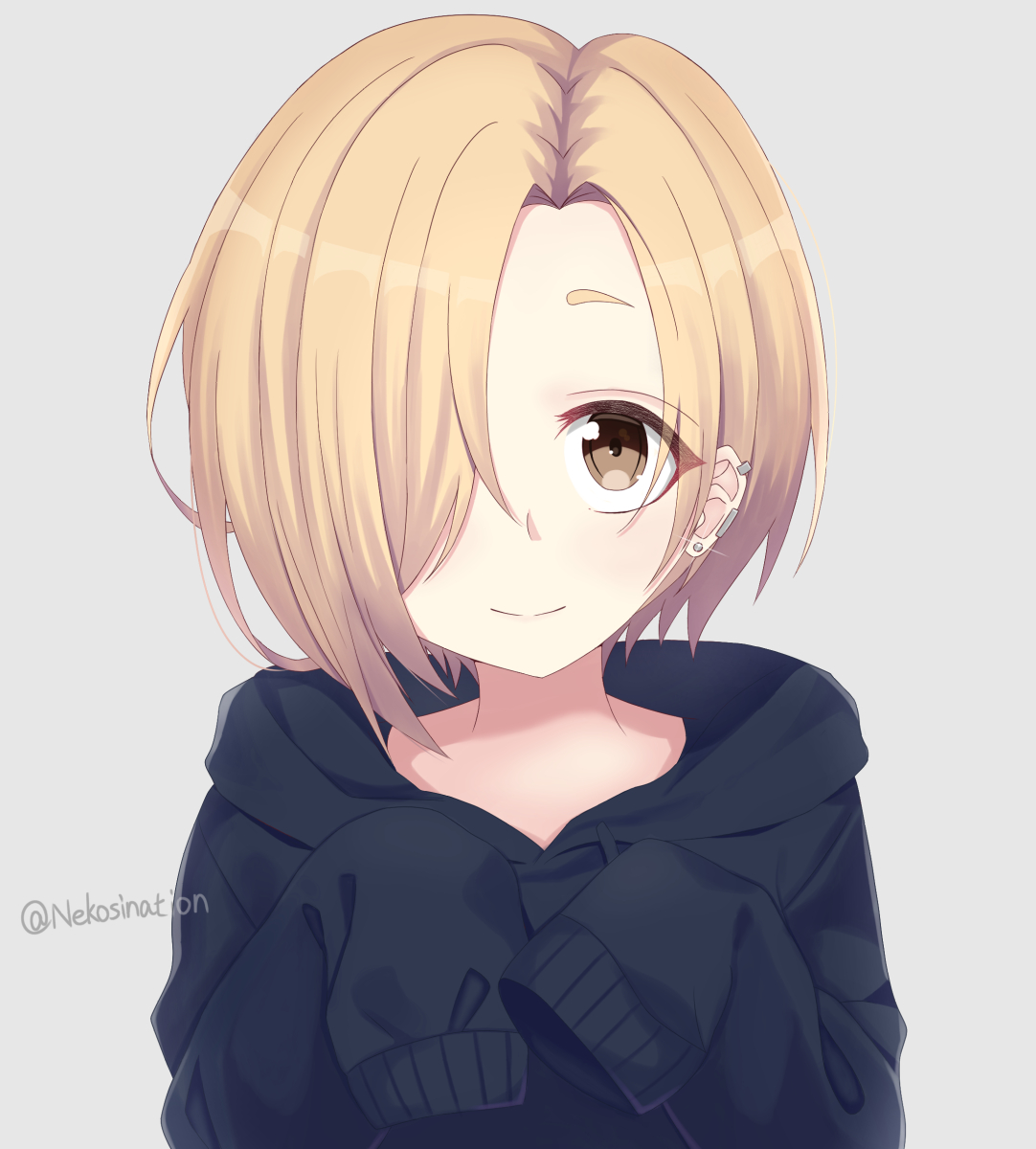 Safebooru - 1girl blonde hair ear piercing hair over one eye highres ...