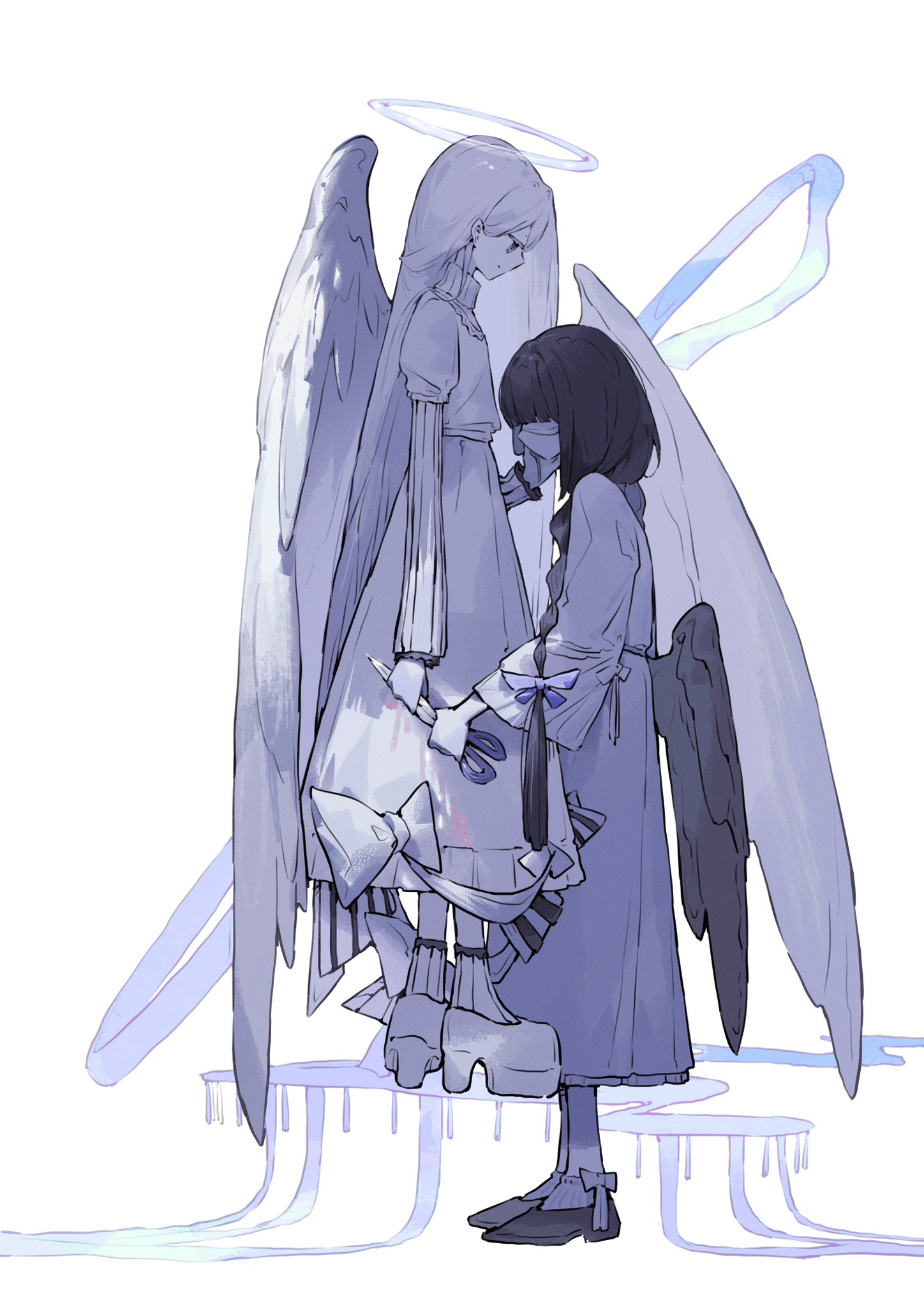 Safebooru - 2girls angel wings black footwear black hair black wings blindfold braid dress halo ...