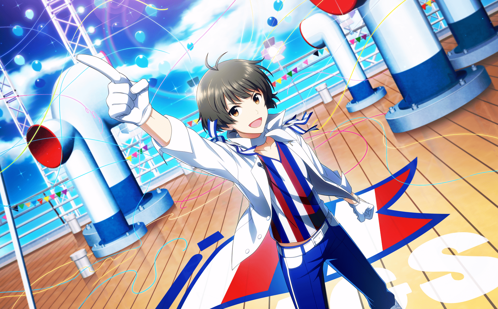 Safebooru - 1boy ahoge akizuki ryou belt blue pants blue sky brown eyes ...